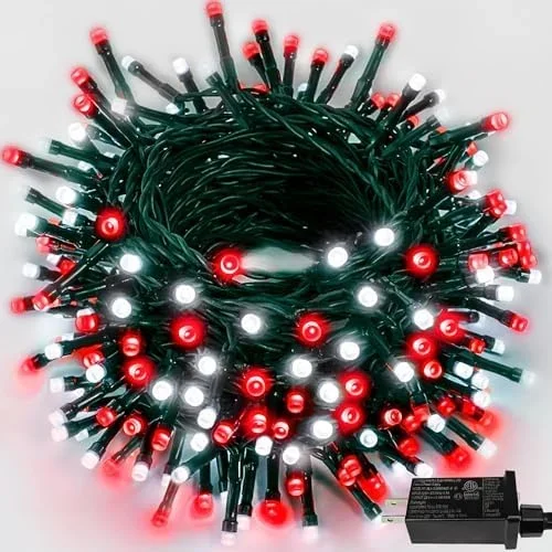 82FT 200 LED Red White Christmas Lights with Timer, Memory, 8 Modes ...