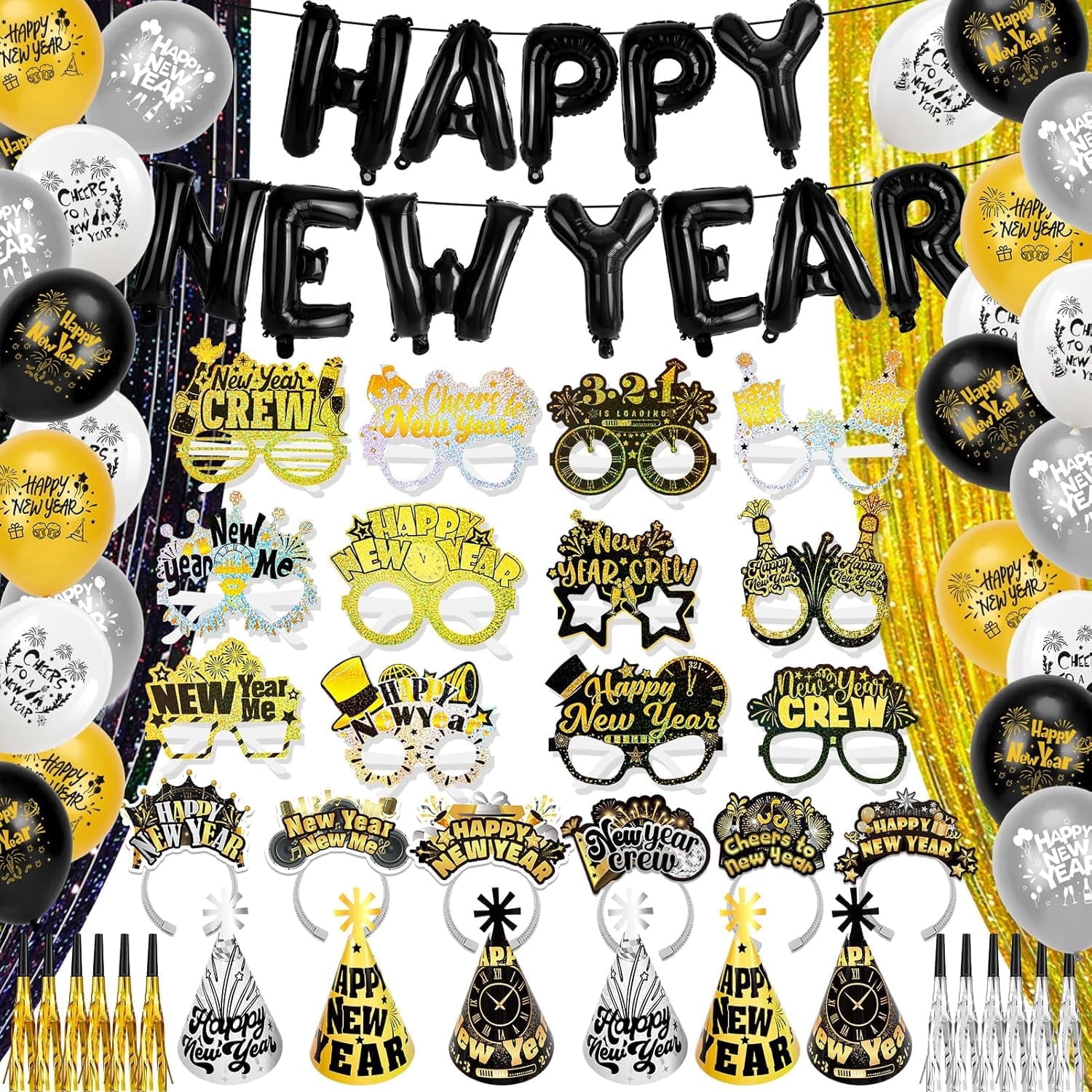 82PCS Glitter New Year Party Supplies 2026 Decorations Set, Black Gold ...