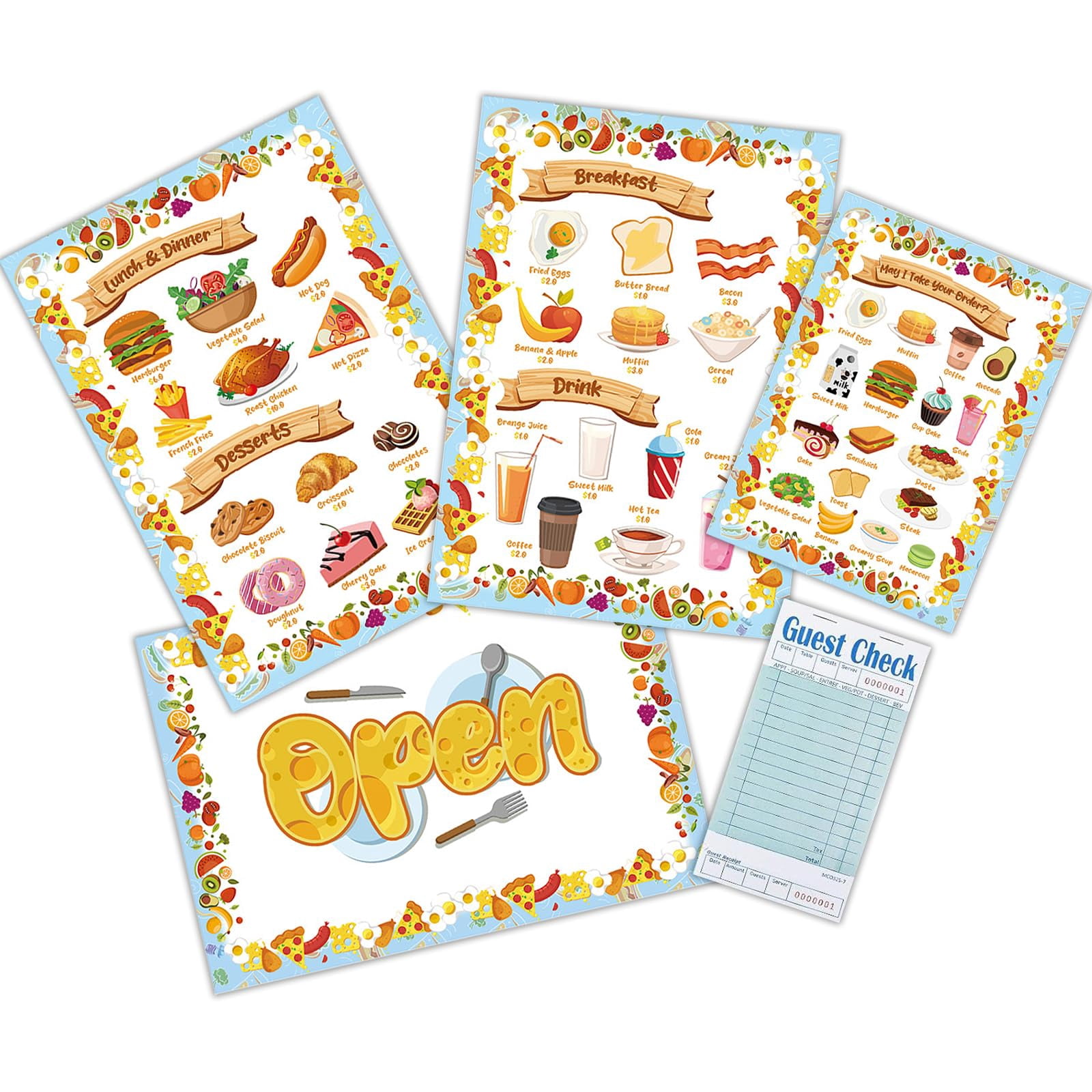 82Pcs Pretend Play Restaurant Menu for Kids KMC2Pretend Order Note Pads ...