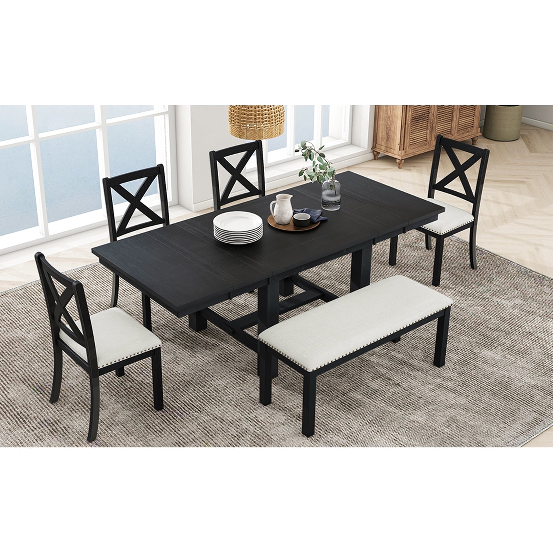 82inch Extendable Dining Table For 6 People: Solid Wood, 4 Upholstered ...