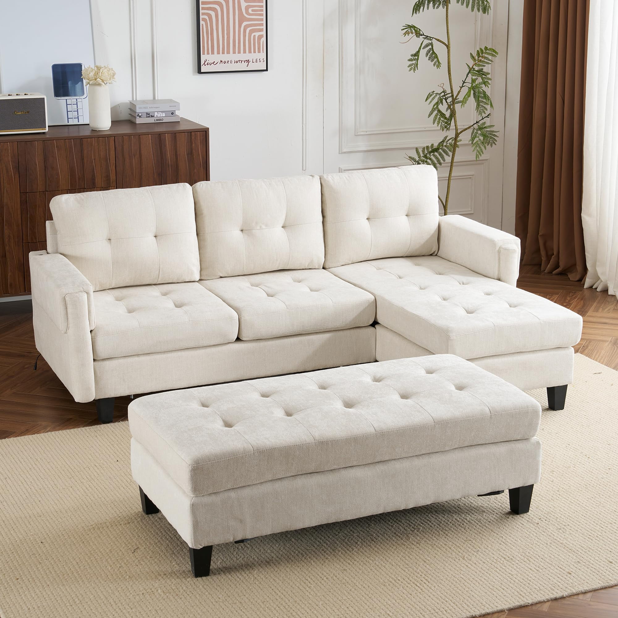 83.4" Reversible L-Shaped Sofa with Ottoman, Convertible Sectional Sofa with USB Ports and ...