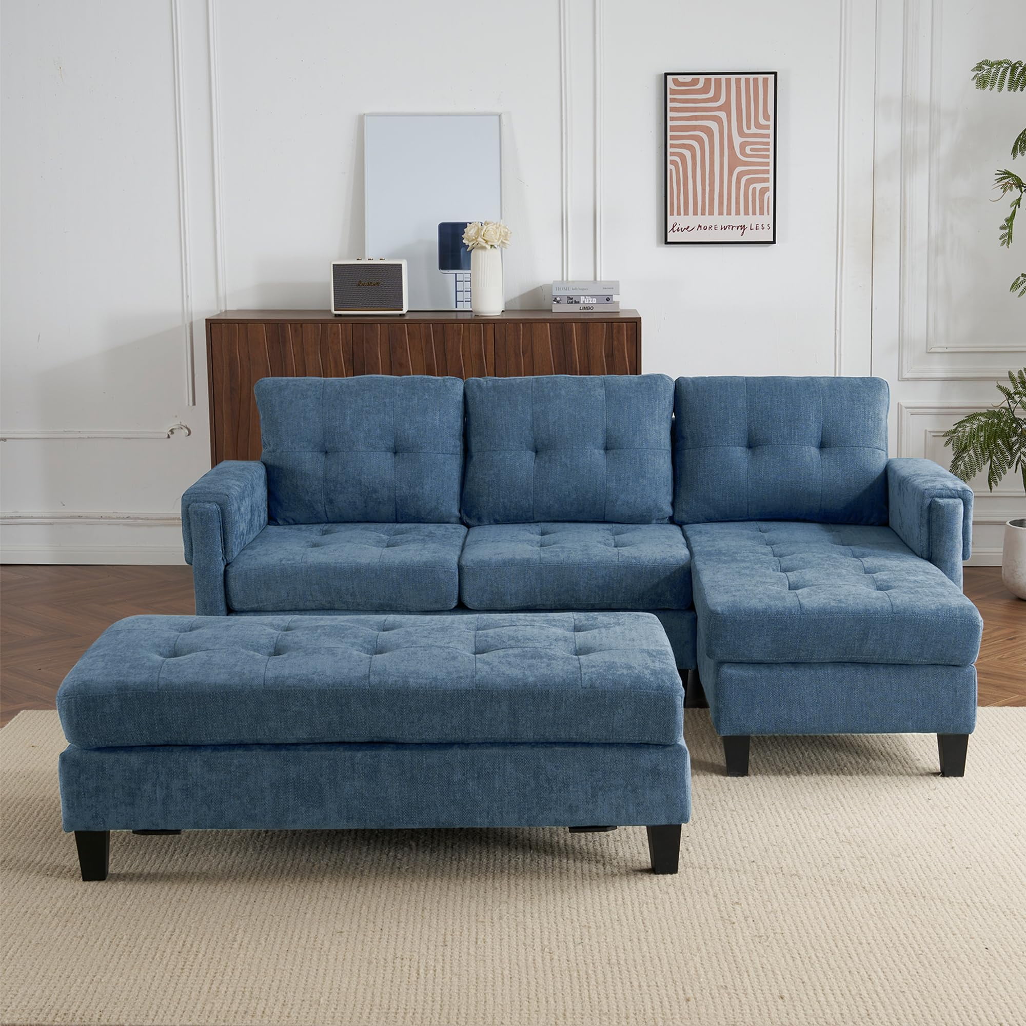 83.4" Reversible L-Shaped Sofa with Ottoman, Convertible Sectional Sofa with USB Ports and ...