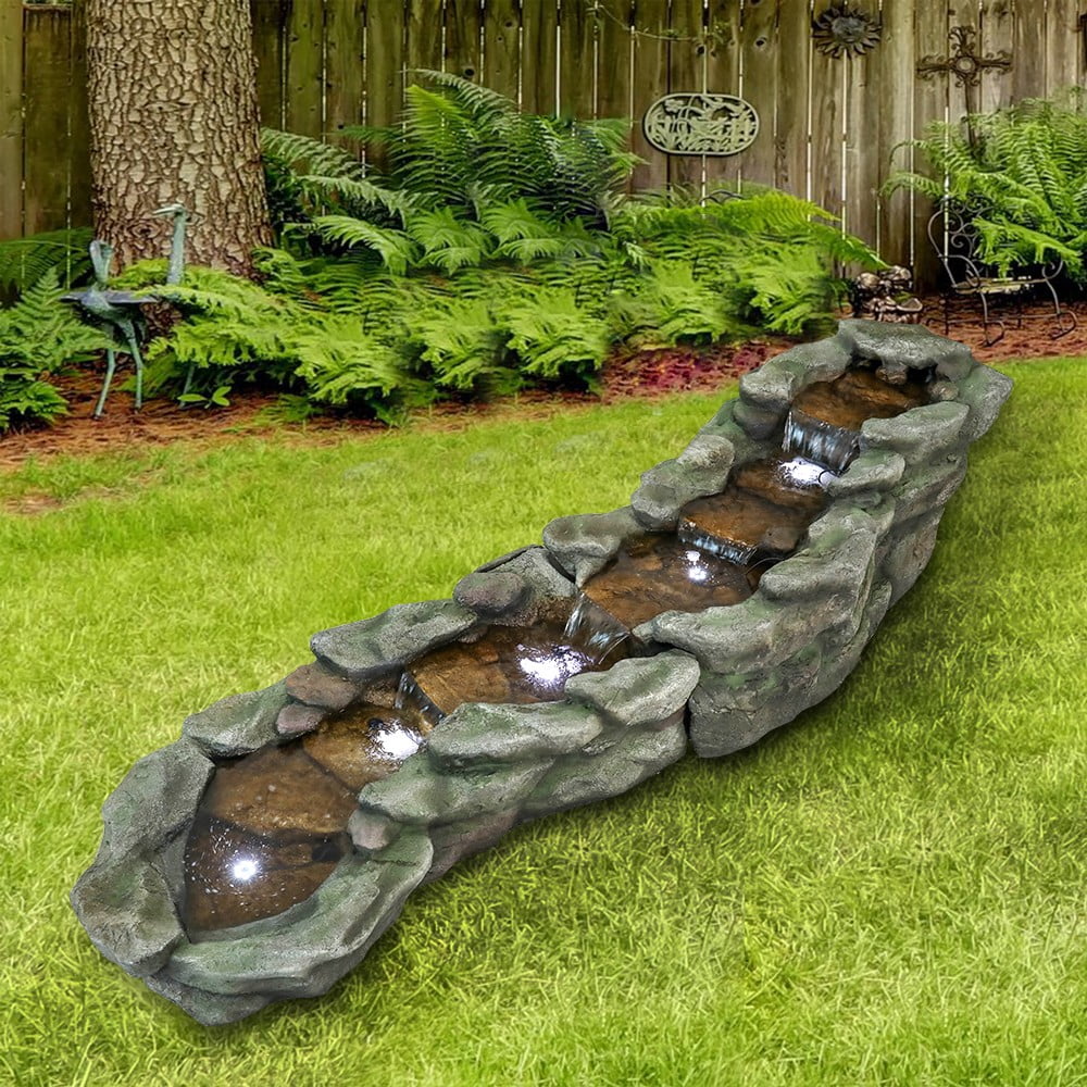 83.4-inch L Outdoor Tiered Rocky River Stream Fountain w/LED Lights ...