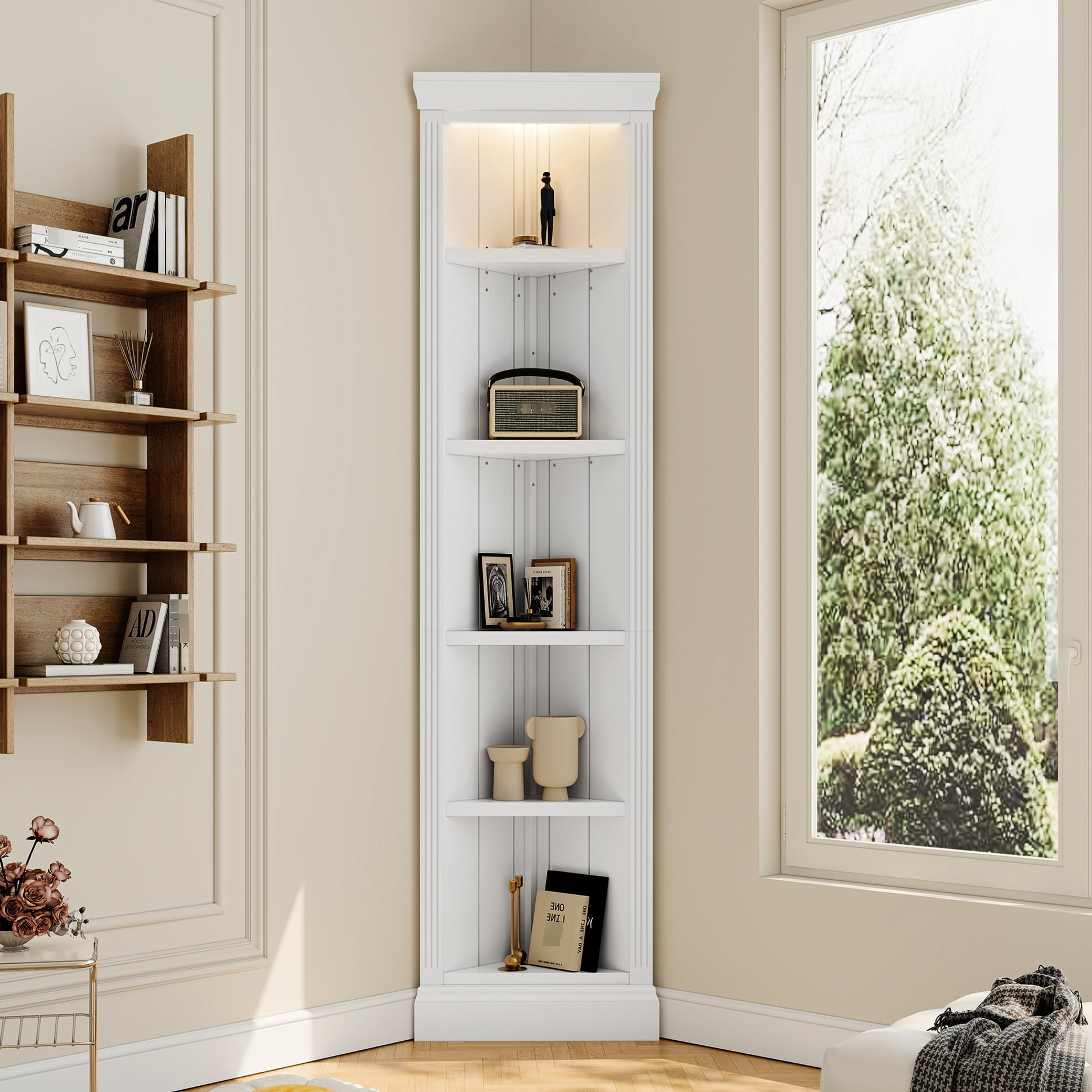 83.4"tall 5 Tier Corner Bookcase With Led, White & Solid Wood Shelf For ...