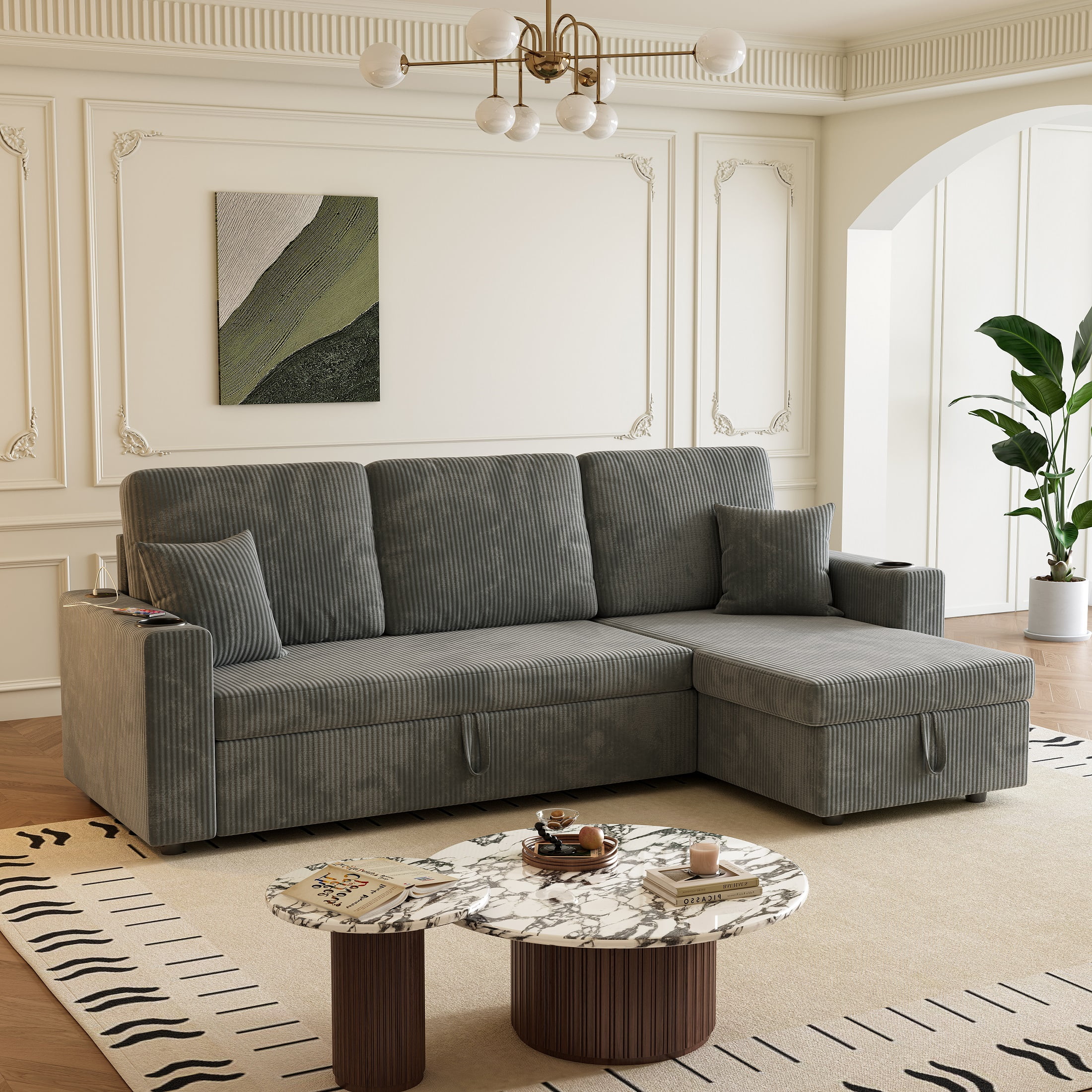 KYLE & KAY 83.5" Convertible Sectional Sofa Bed, L Shaped Sofa with Cup ...