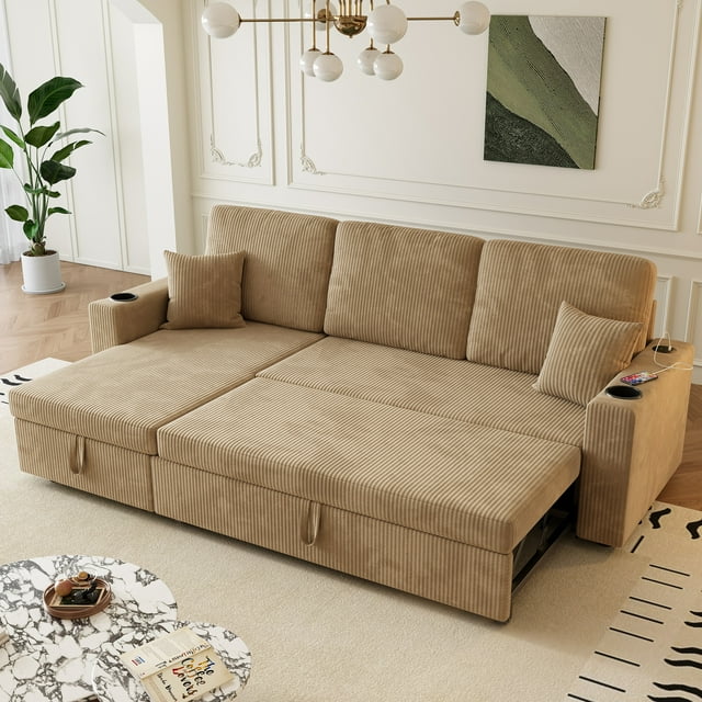 KYLE & KAY 83.5" Convertible Sectional Sofa Bed, L Shaped Sofa with Cup ...