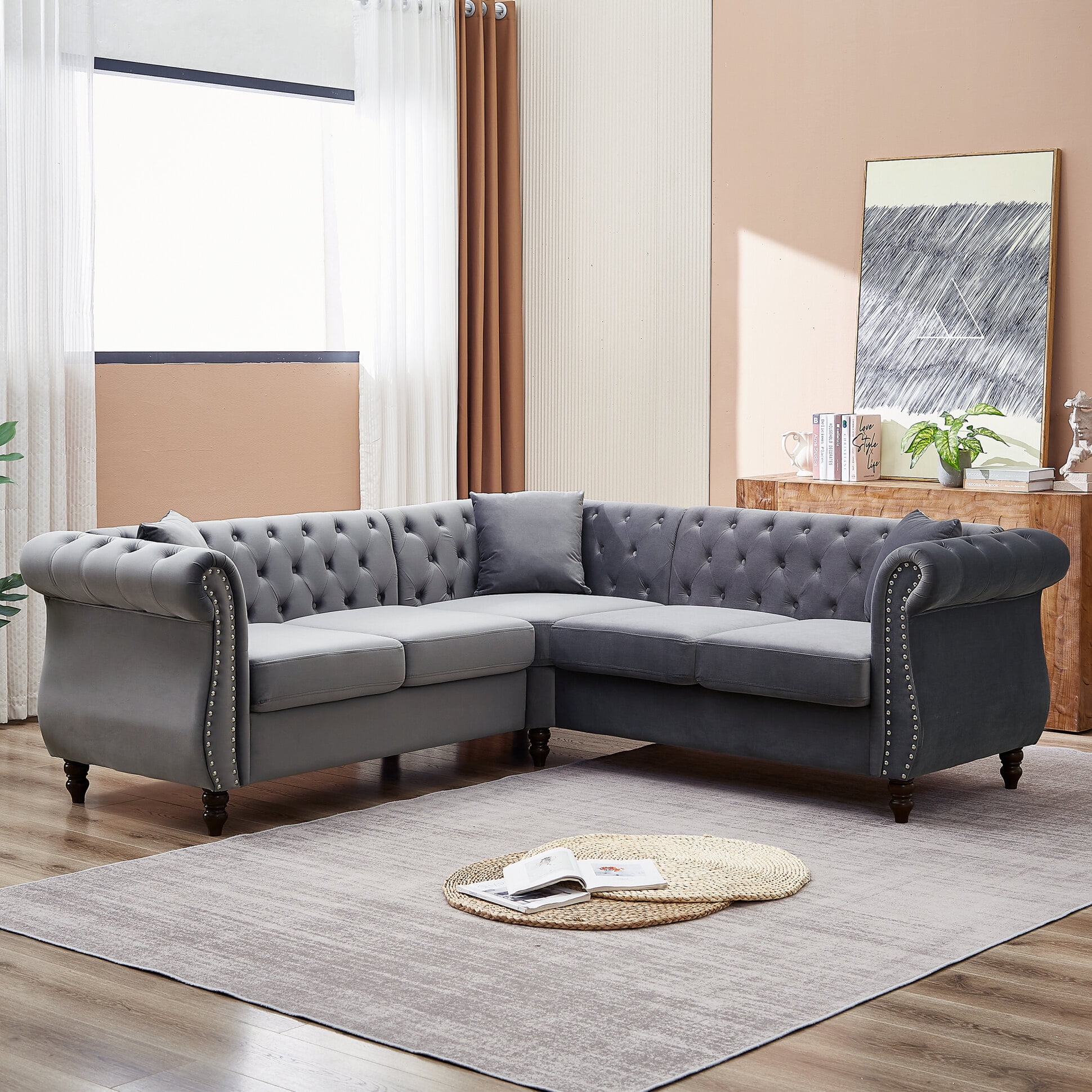83.5-Inch L-shaped Sofa with 5-Seater Corner Sofas and 3 Pillows ...