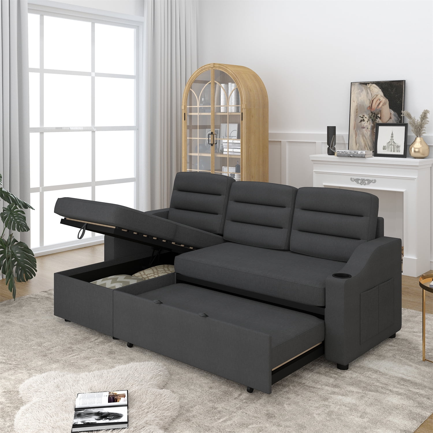 83.5" Sleeper Sofa Bed with Storage Chaise, Convertible Pull Out ...