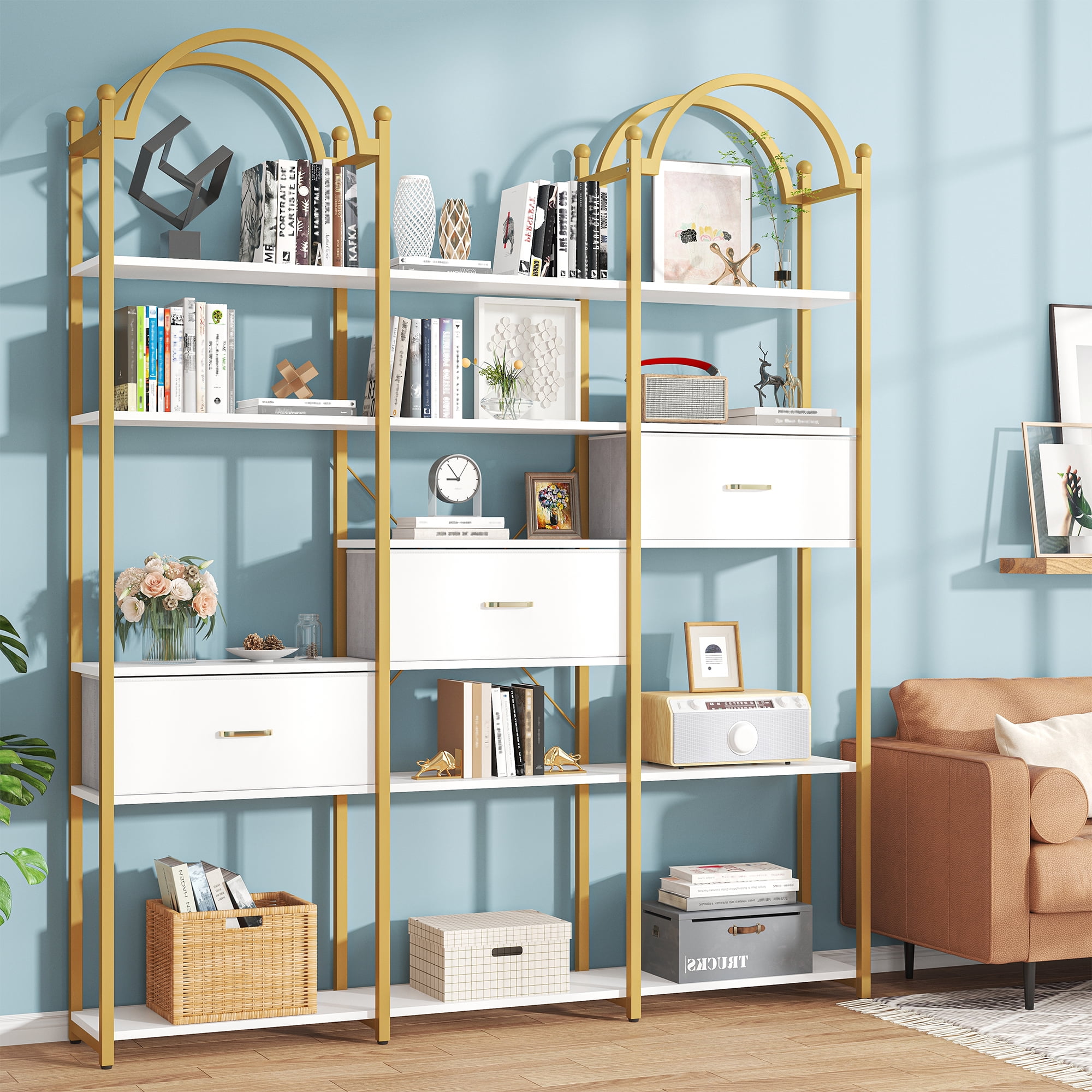 83.5" Tall Arched Bookshelf with 3 Drawers and 13 Storage Shelves ...