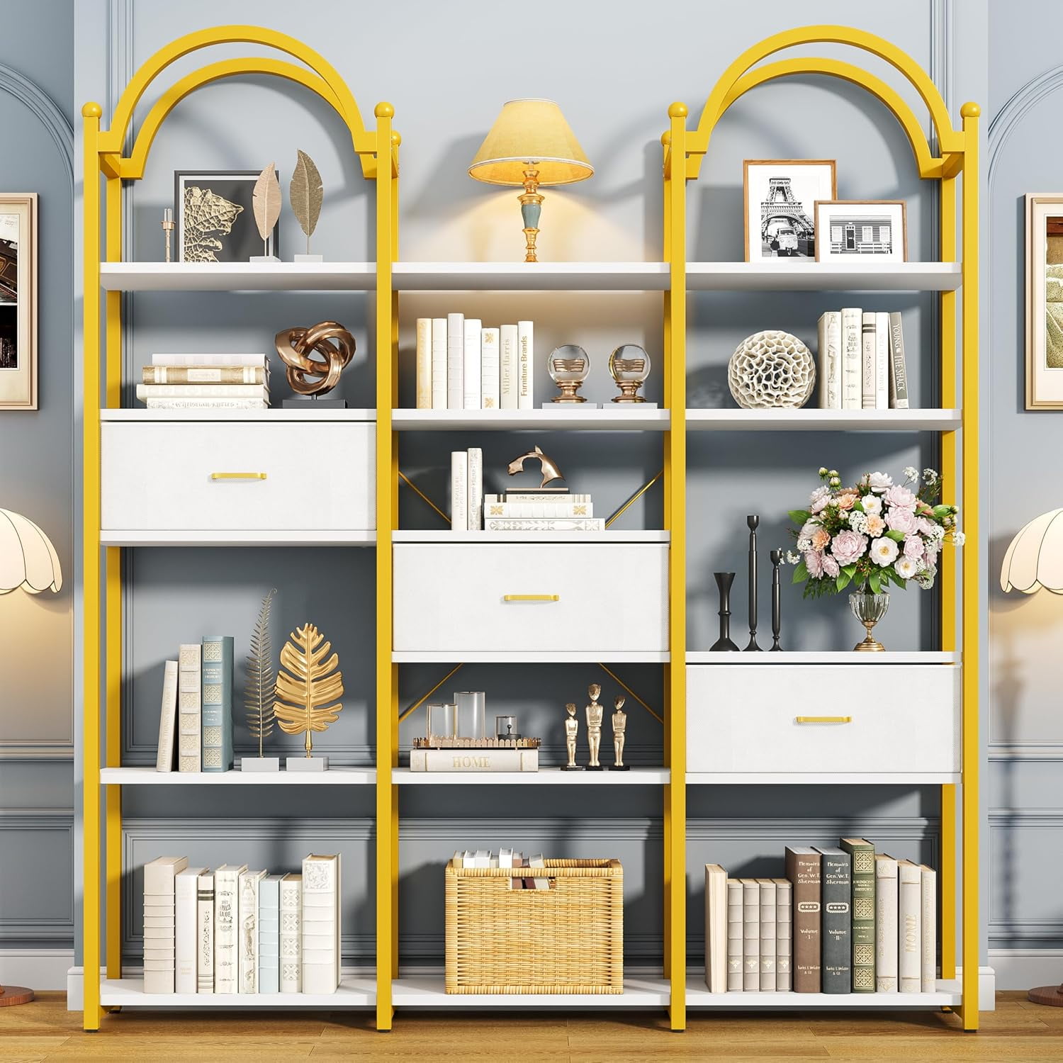 83.5" Tall Arched Bookshelf with 3 Drawers and 13 Storage Shelves, Open ...