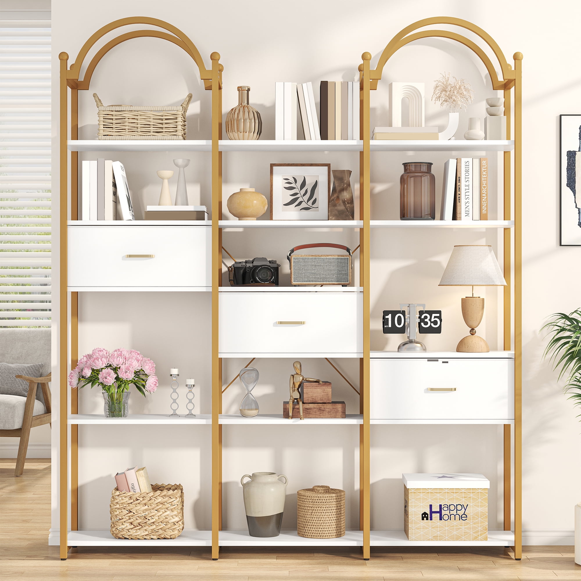 83.5" Tall Arched Bookshelf, Triple Wide 6-Tier Large Open Book Shelf with 3 Drawers Storage ...