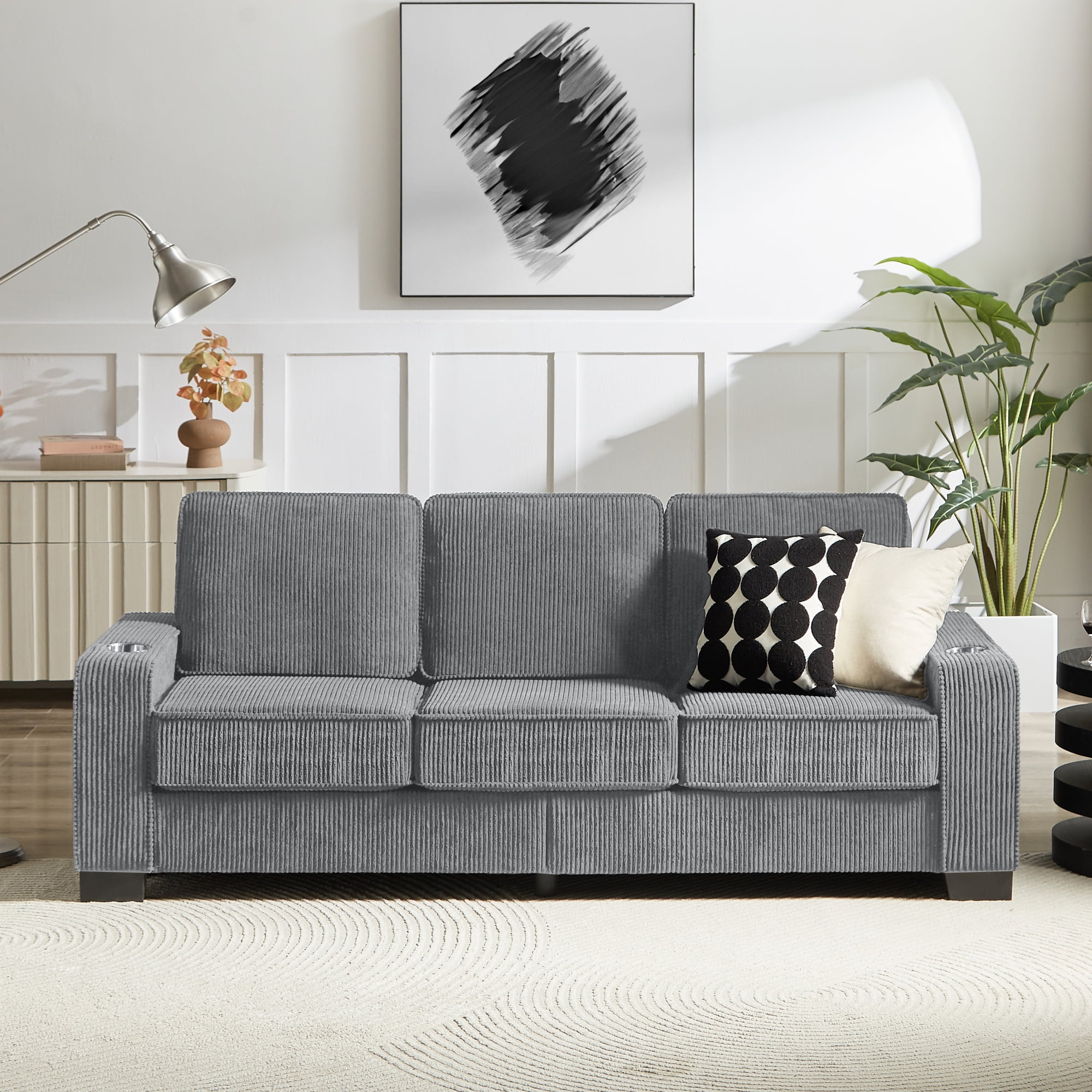 Large Sofa - Deep Seats, Cupholders, Gray+Corduroy - Walmart.com
