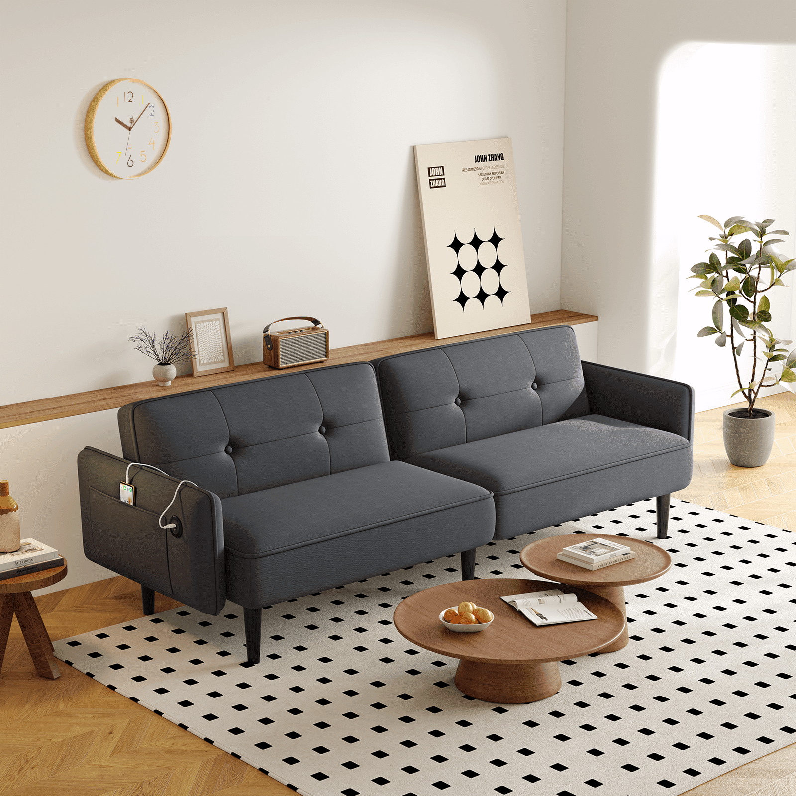 83" Convertible Futon Sofa Bed - 3-Level Adjustable Backrest, USB Type ...