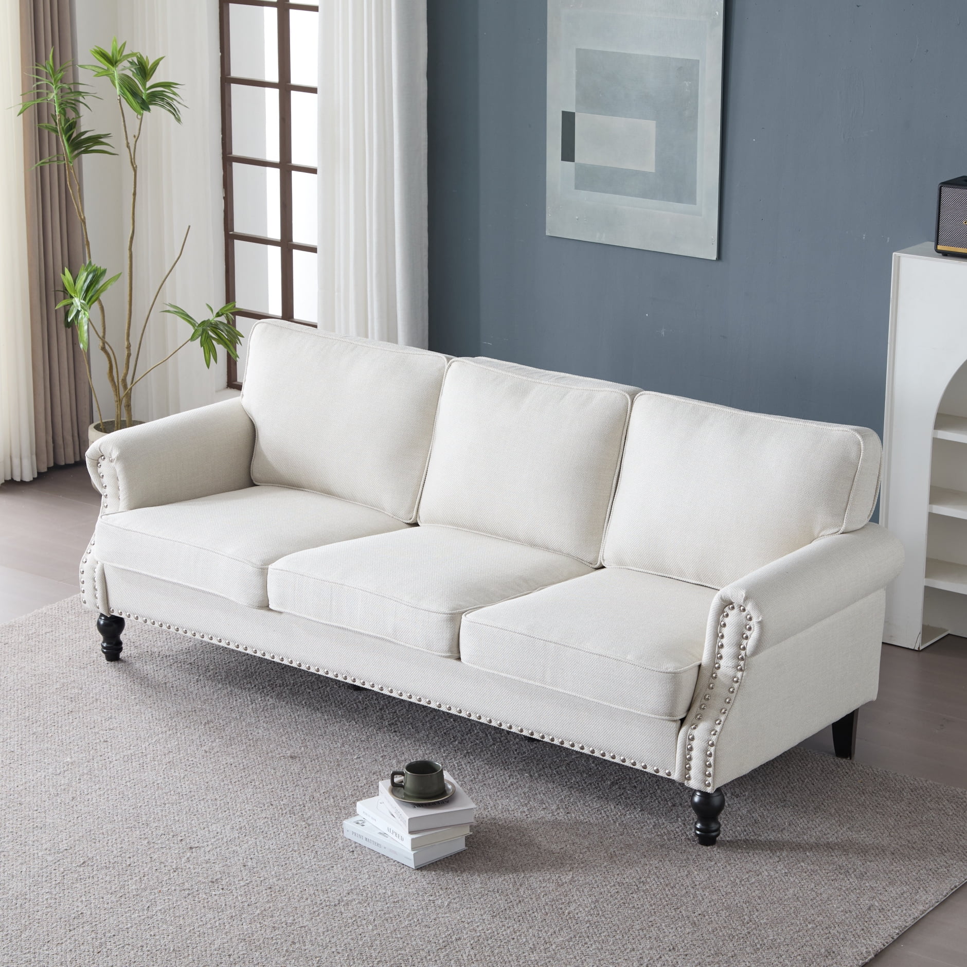 83 Inch Cotton Fabric Sofa with Nailhead Trim, Large Rolled Arm Sofa ...