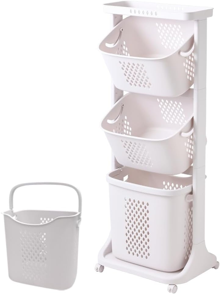 83 Litres Vertical Rolling Laundry Hamper, 3 Sorter with Wheels and ...