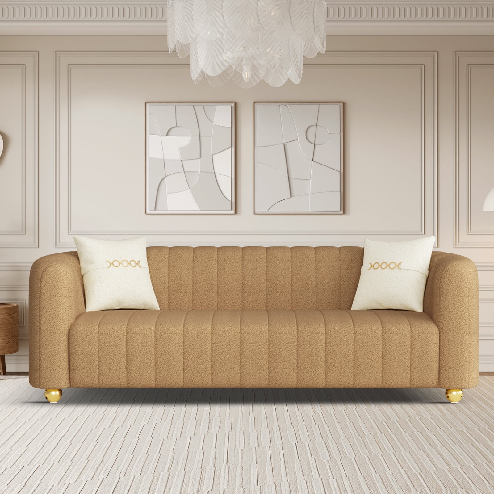 KT Modern Velvet 83" Luxury 3 Seater Fashion Sofa with 2 Pillows, Khaki ...