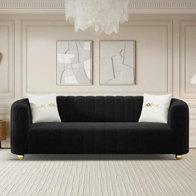 87.01 Velvet Channel Tufted 3 Seater Sofa with Pillows Black