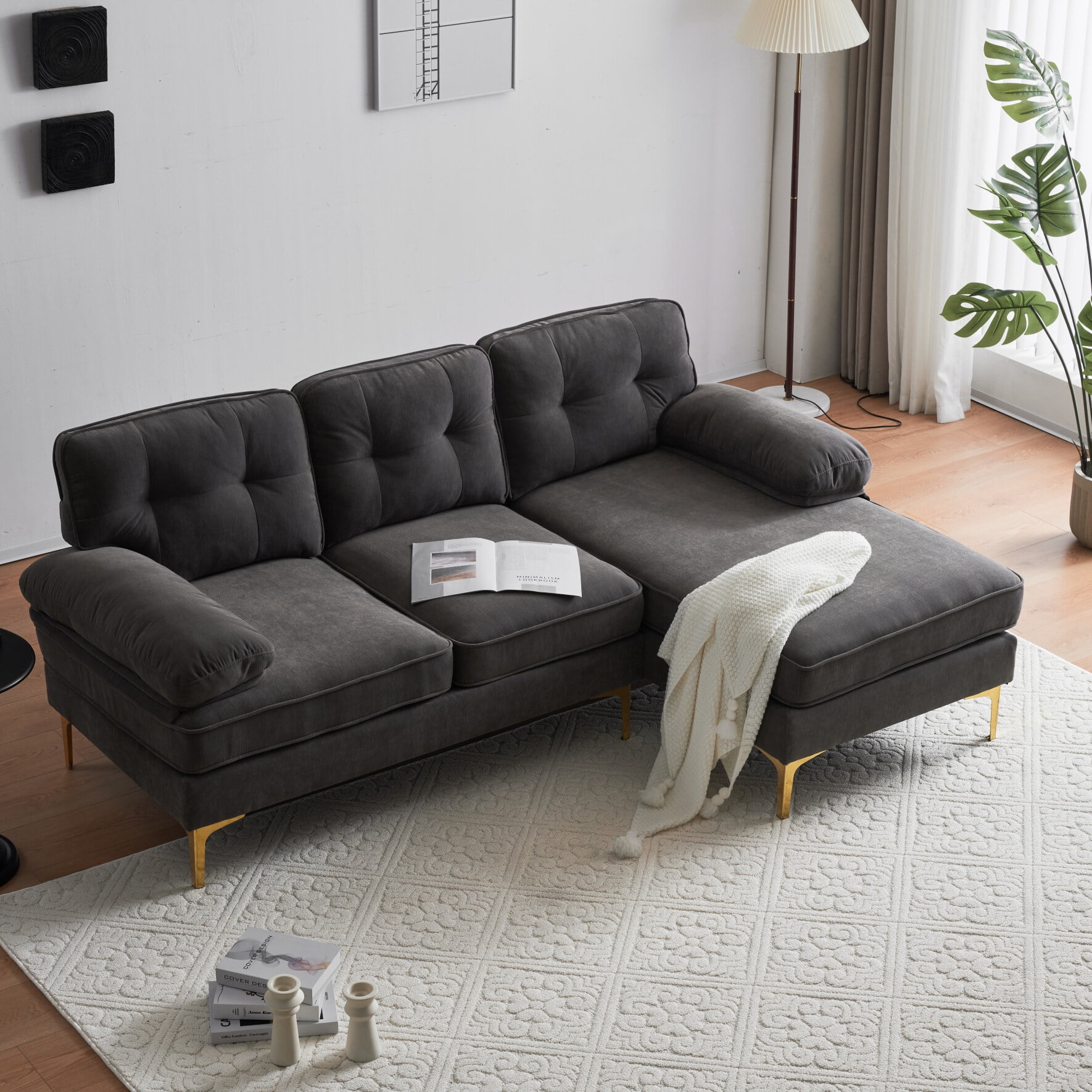 83" Sectional Sofa Couch, L-Shape Upholstered Accent Sofa Couch with 2 ...