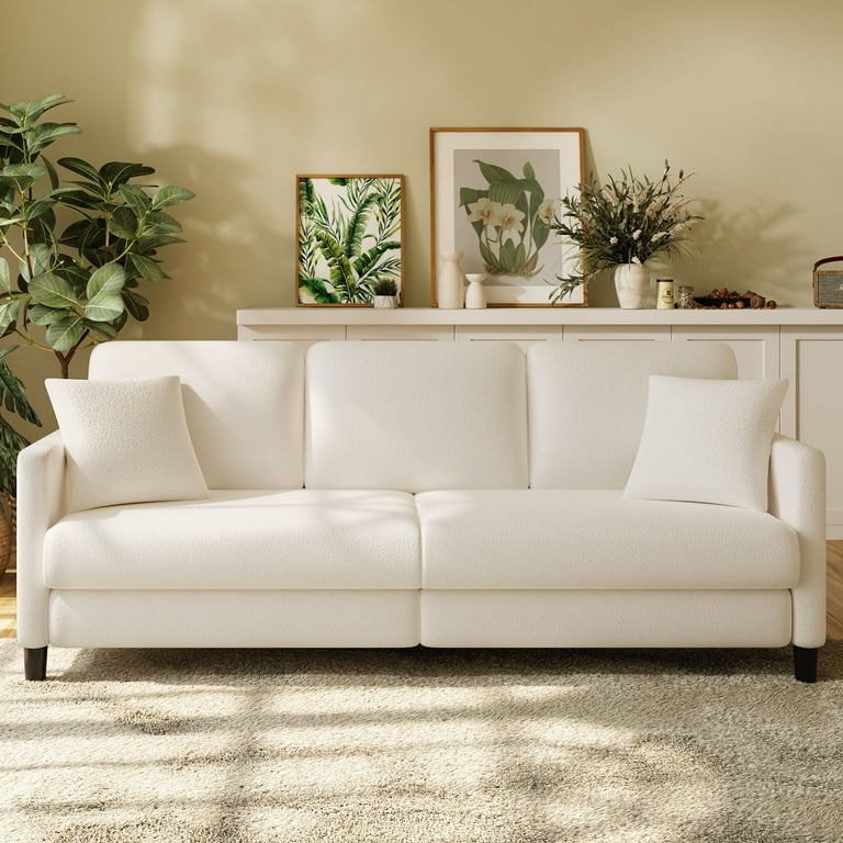 83 Sofa Couch for Living Room Comfy Teddy Fleece Loveseat Sofa Extra Deep Seat Couches Neche Tool Free Setup Love Seat with 2 Pillows Beige White