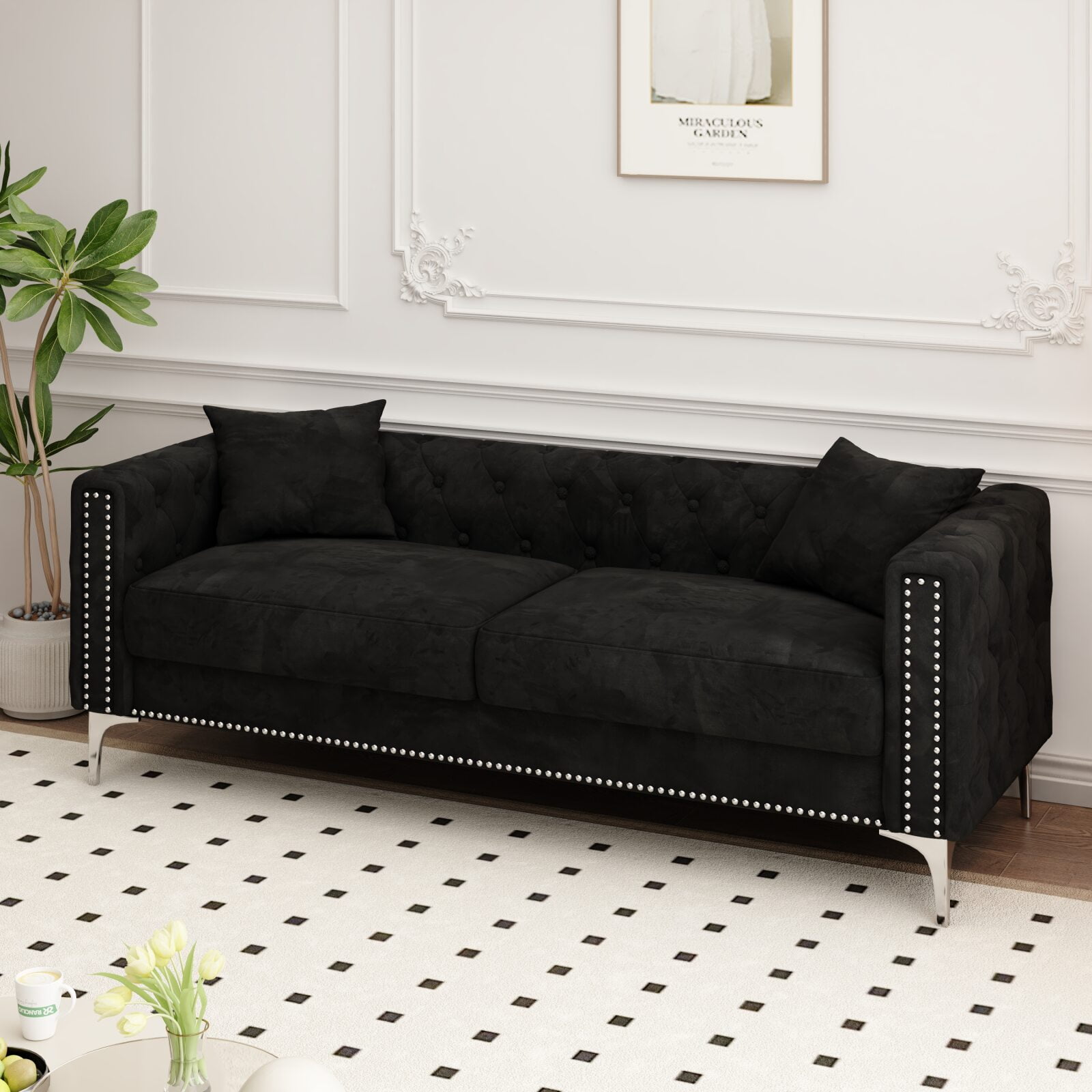 83" Velvet Triple Sofa with 2 Removable Pillows and Front Stud Details ...