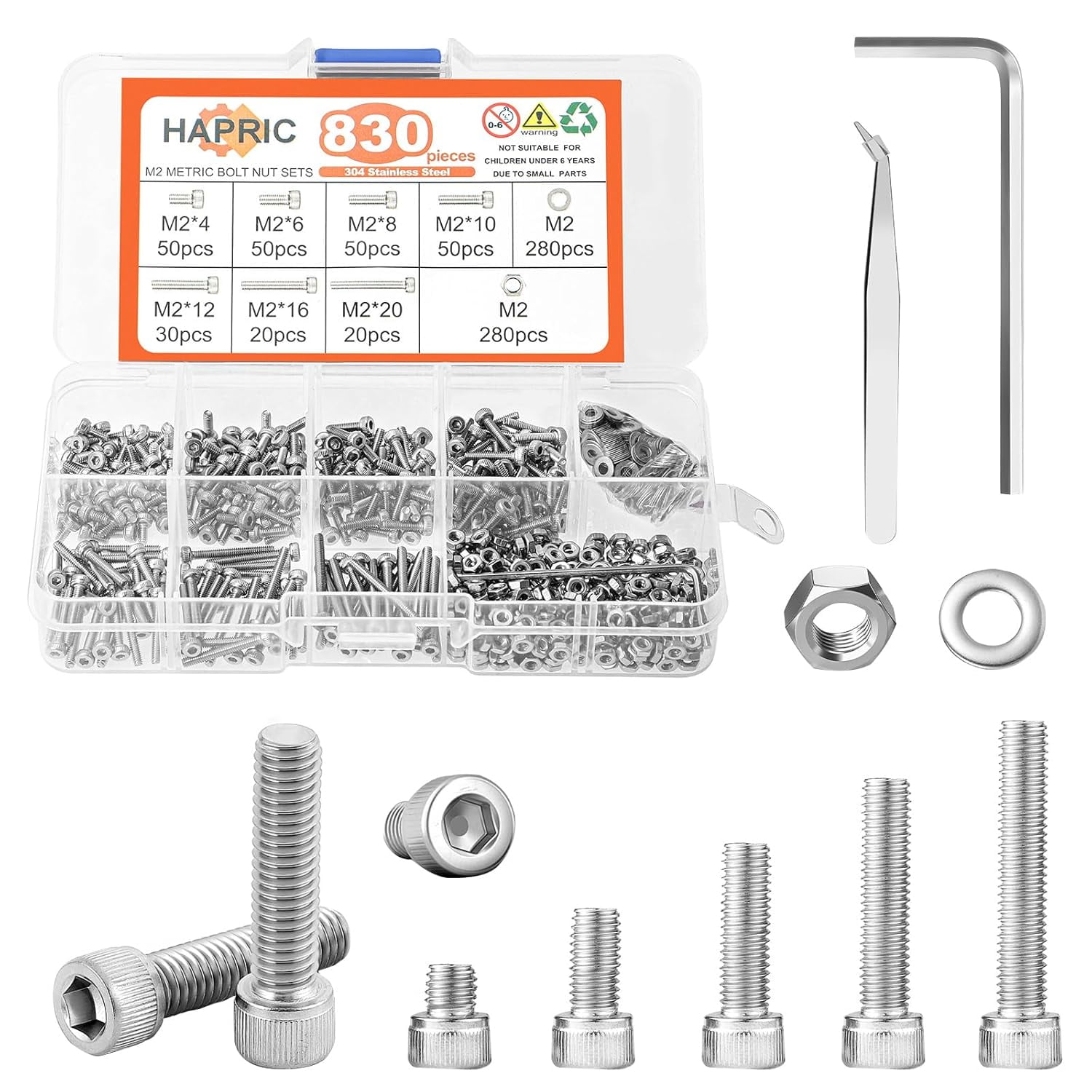 830 Pcs M2 Screws Assortment Kit M2 Nuts and Bolts M2*4mm/6mm/8mm/10mm ...
