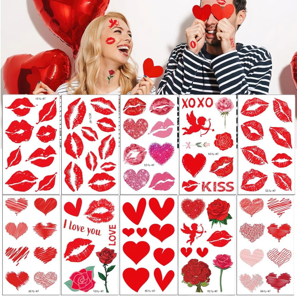 83Pcs Valentine's Day Temporary Tattoo Stickers Red Lips Heart Kiss ...