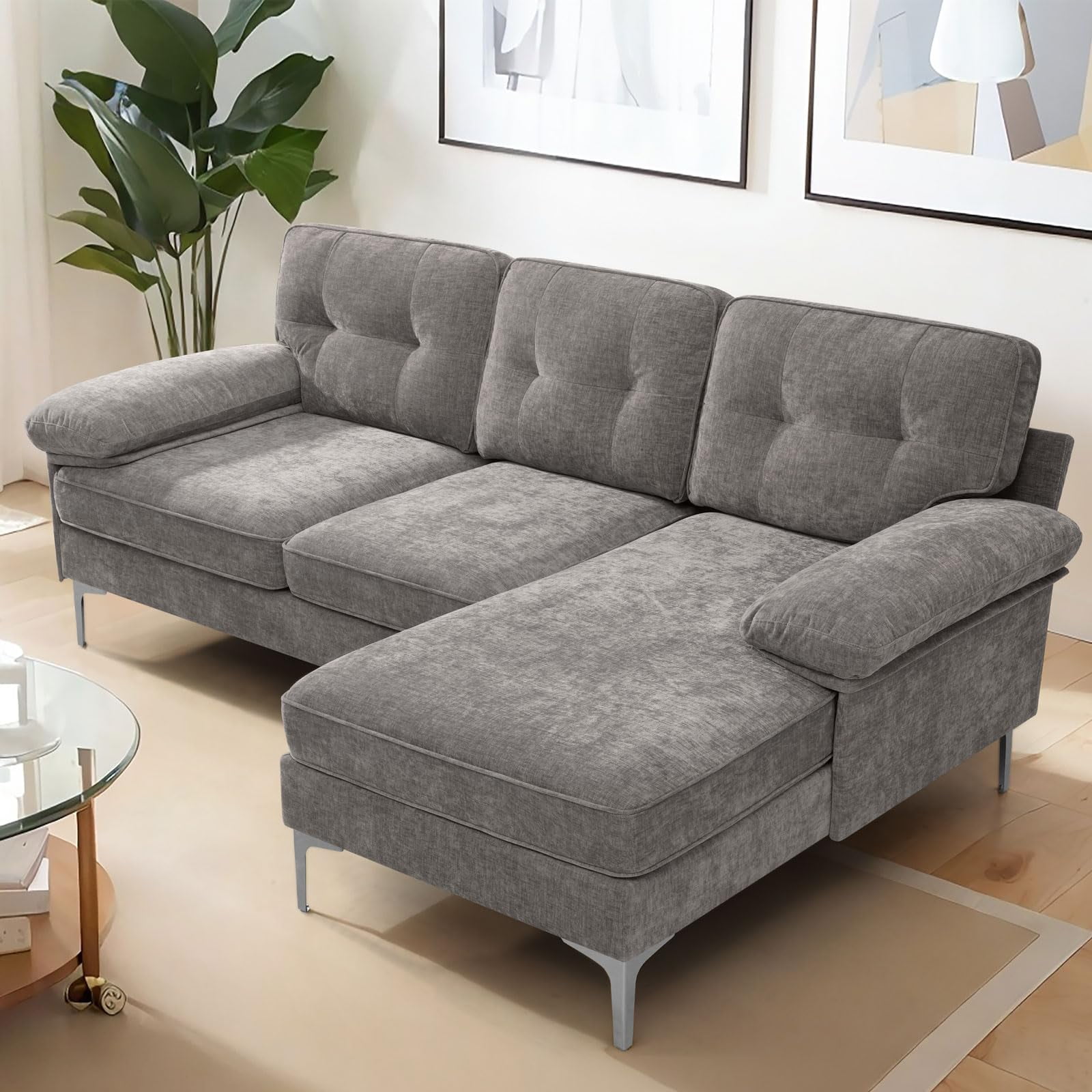 83in L-Shaped Couch, Chenille Upholsted Sofa with Reversible Chaise,3 ...