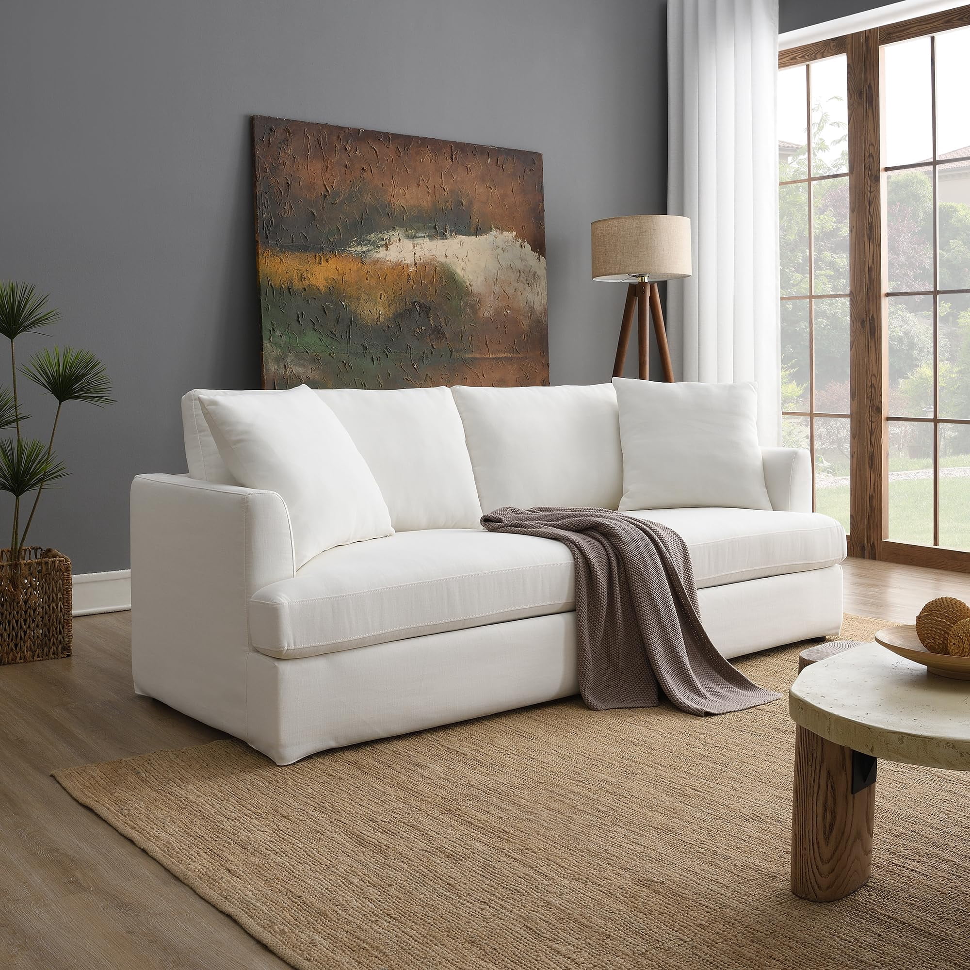 84.2" Removable Comfy Slip Cover Sofa, Upholstered Linen-Look Fabric, 3 ...