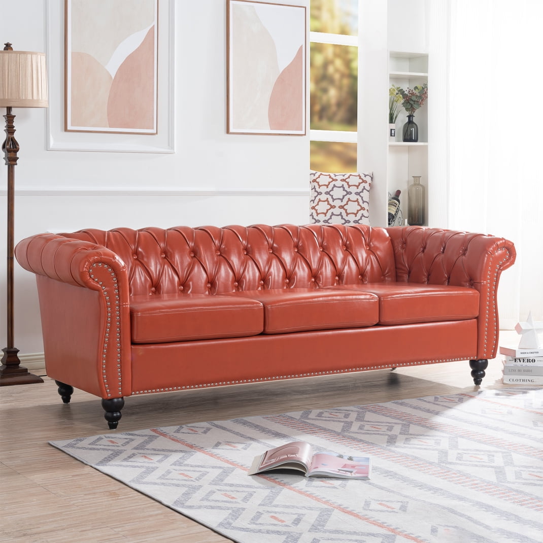 84" 3-Seater Sofa, Modern PU Leather Design Upholstered Sofa with ...