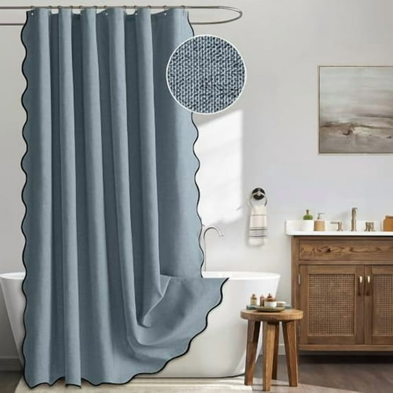 84" Long Scalloped Shower Curtain Linen Textured with 12 Metal Hooks ...