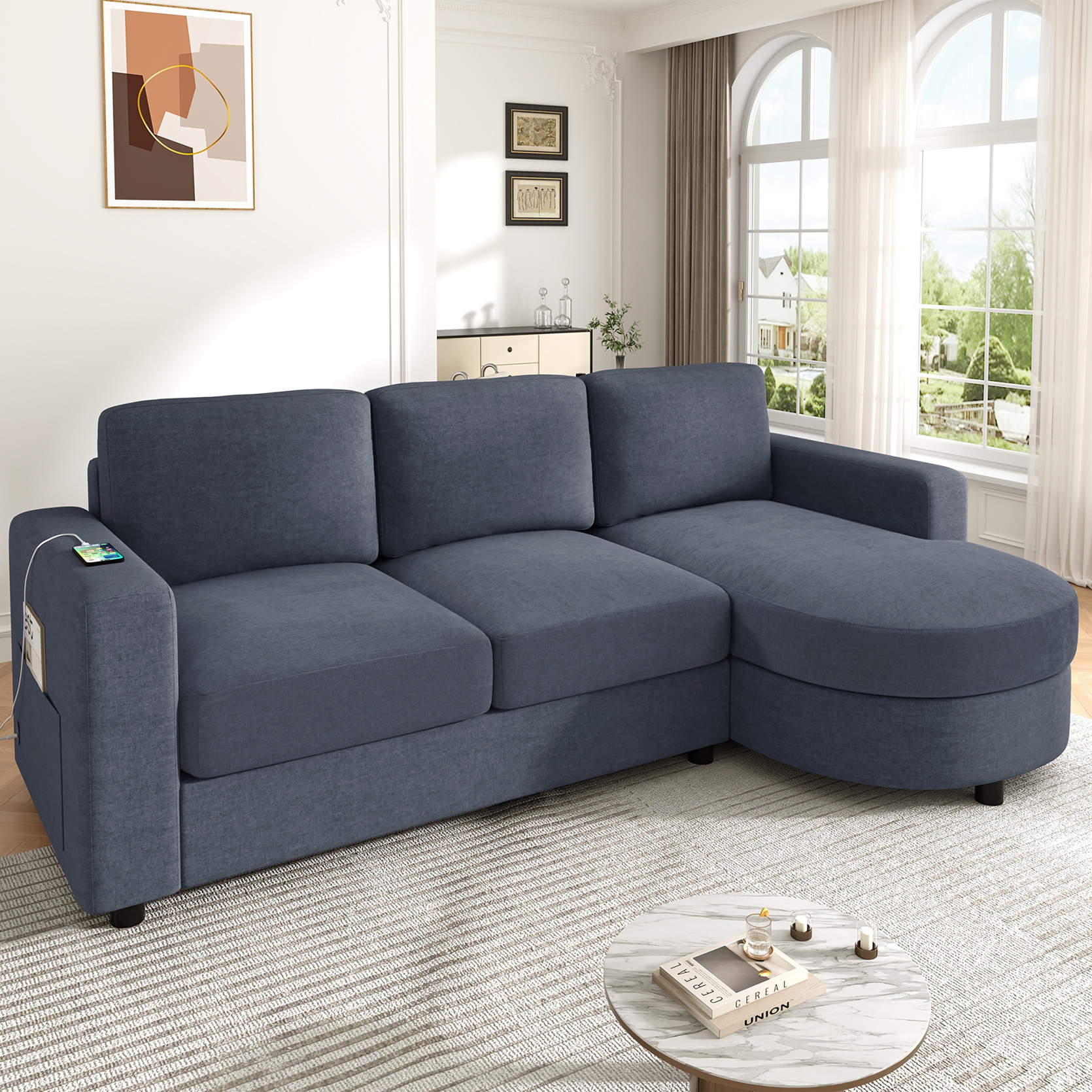 84.6" Modern Sectional Sofa, L Shaped 3 Seat Couch with Curved Chaise ...
