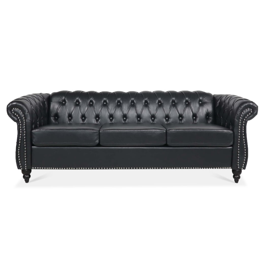 84.65" 3-Seater PU Sofa with Button and Copper Nail, Sectional Couch ...