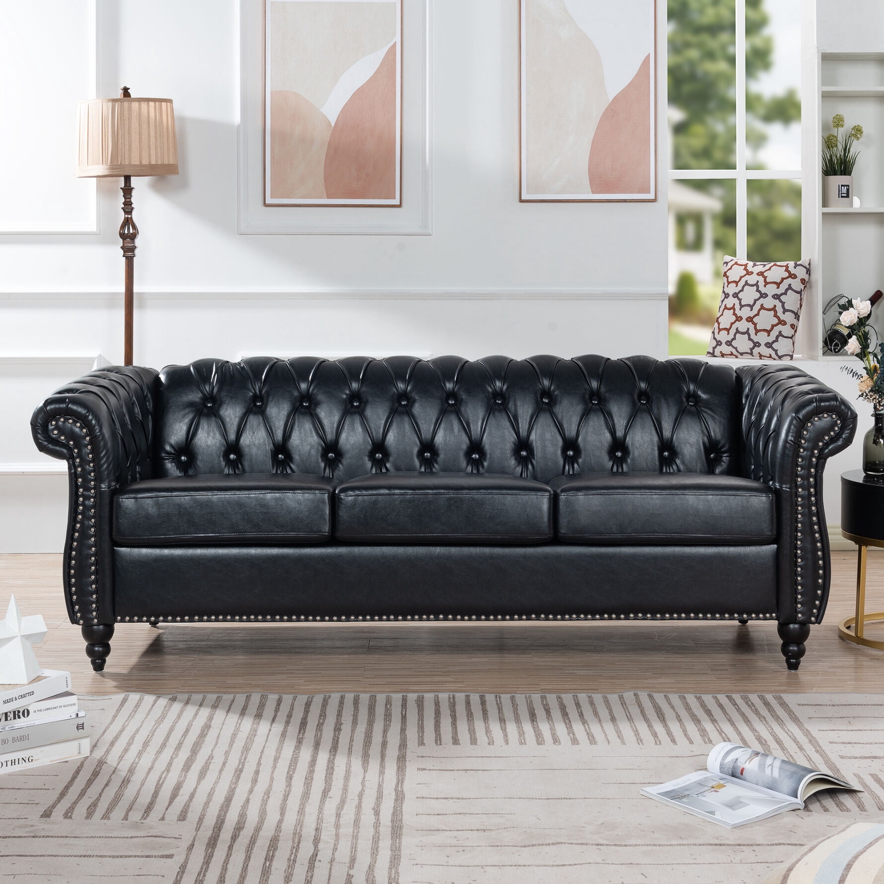 84.65" 3 Seater Sofa with Deep Pull Buckles, Modern Upholstered Leisure ...