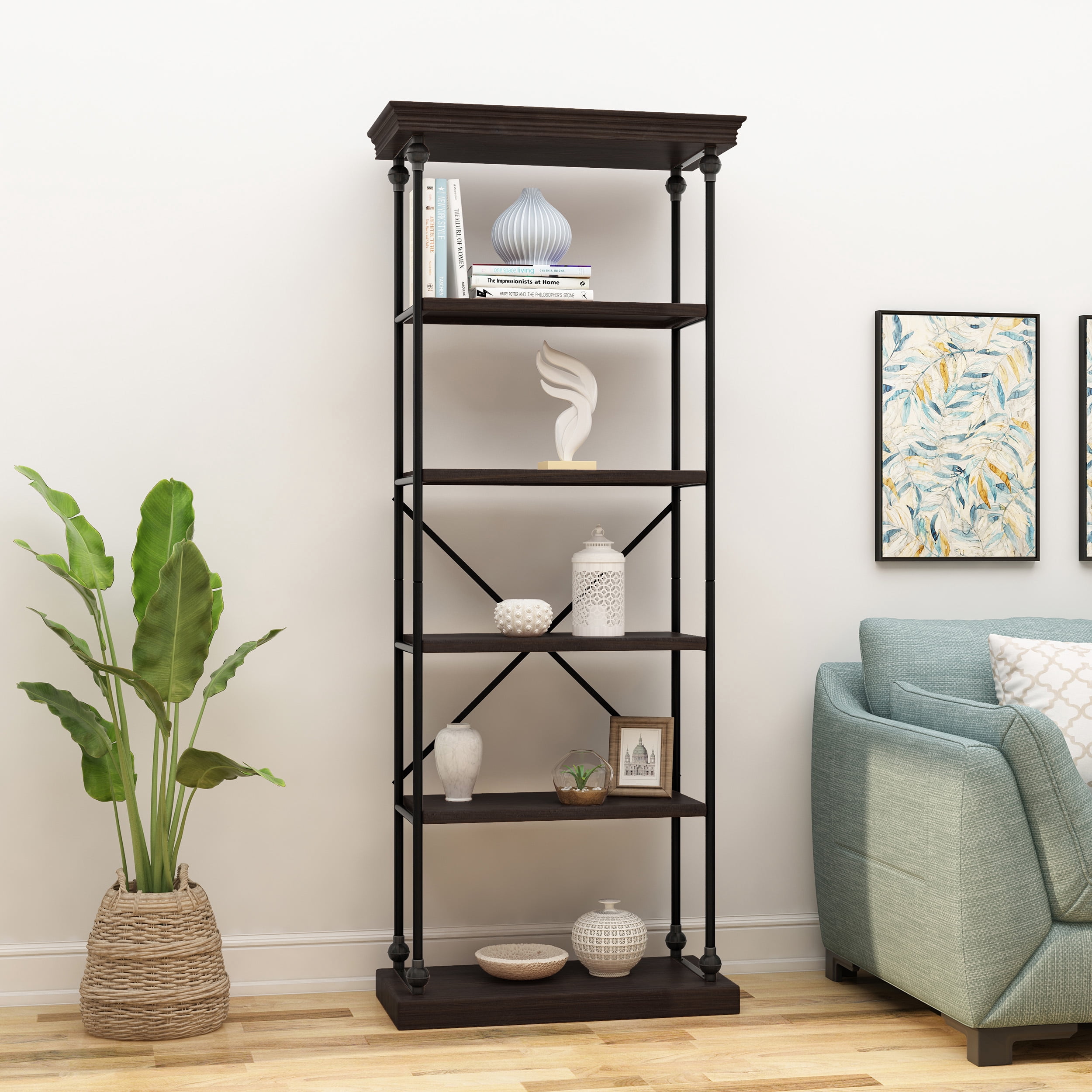 84.75" Black and Brown Contemporary 5-Shelves Rectangular Storage ...