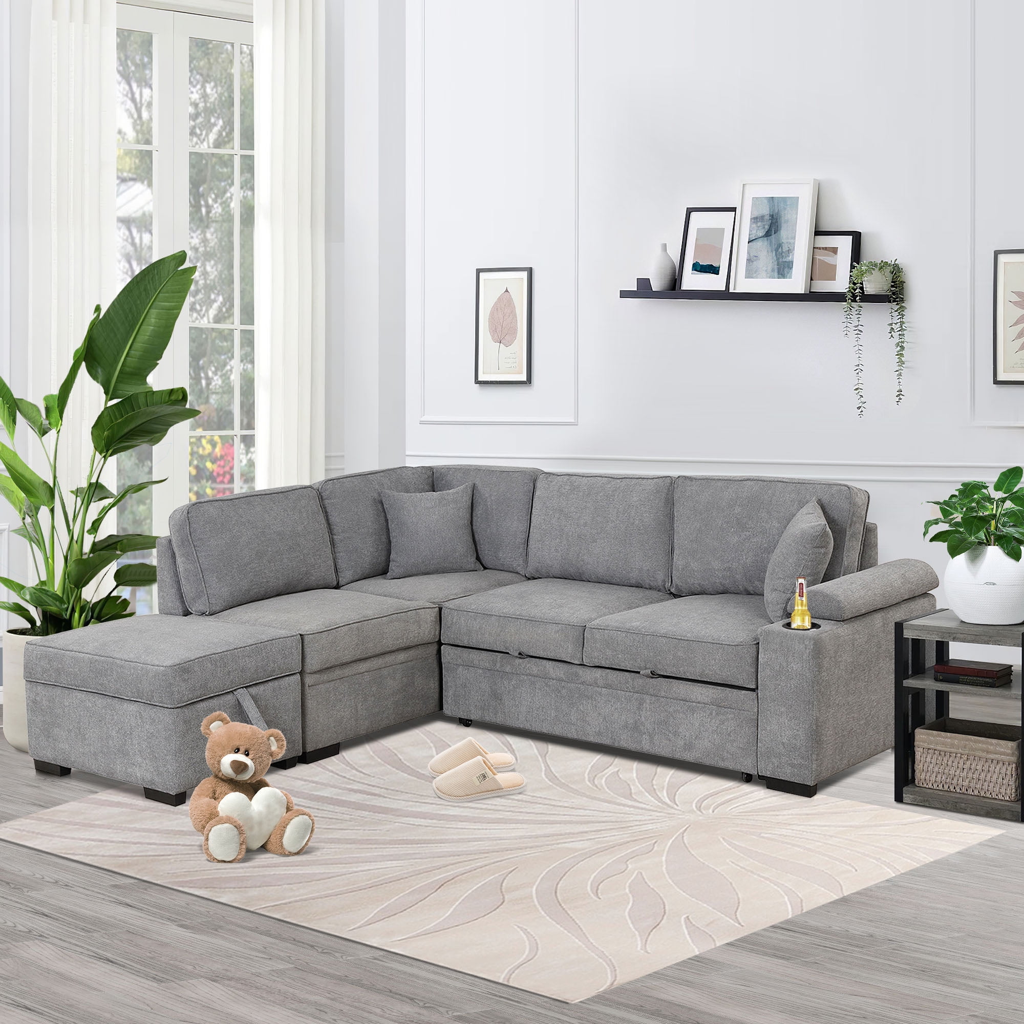 84.75" Gray Linen Sleeper Sofa Bed | 2-in-1 Pull-Out Couch with Storage ...