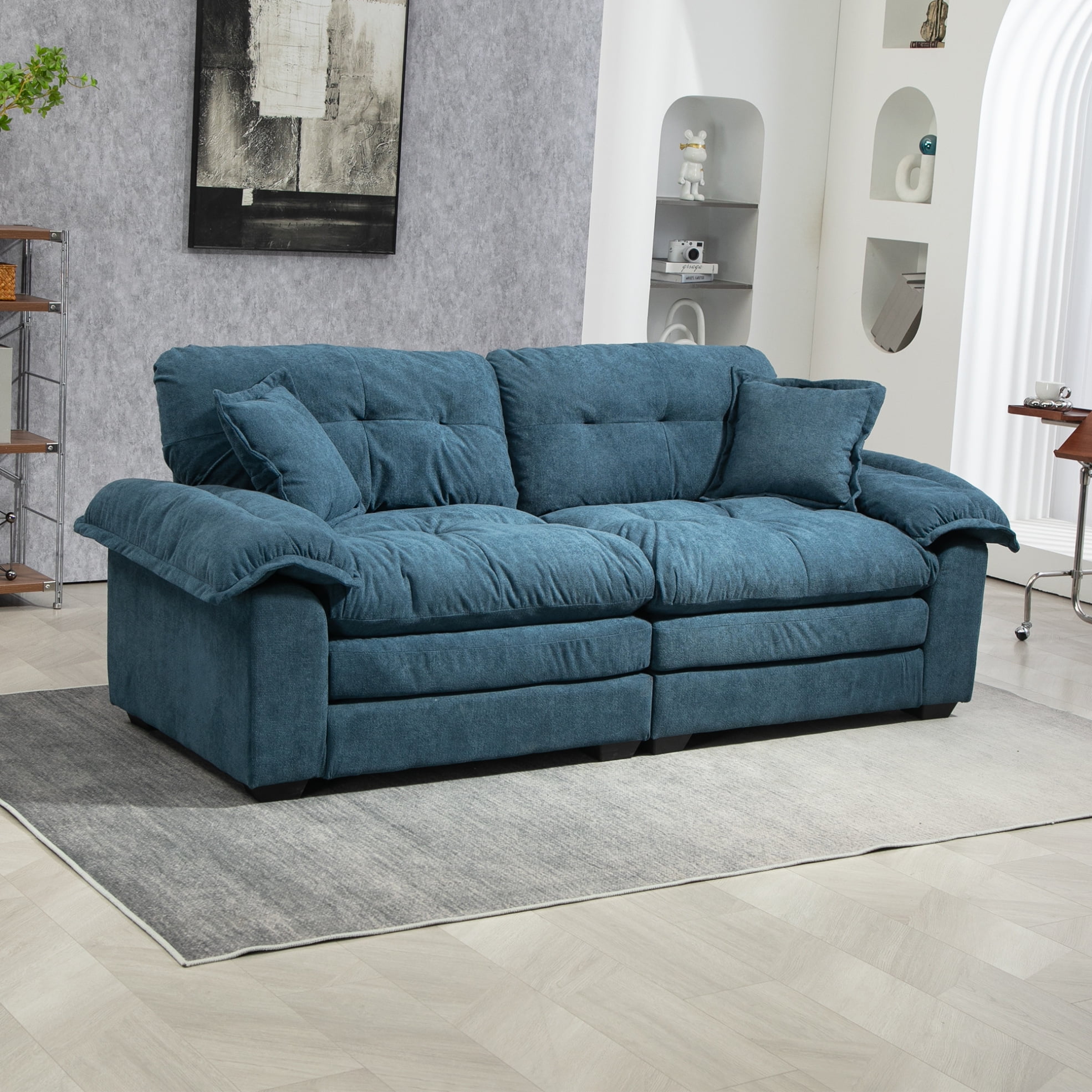 84" Chenille Loveseat Sofa, Dual-Layer Overstuffed Sofa with 2 Throw ...