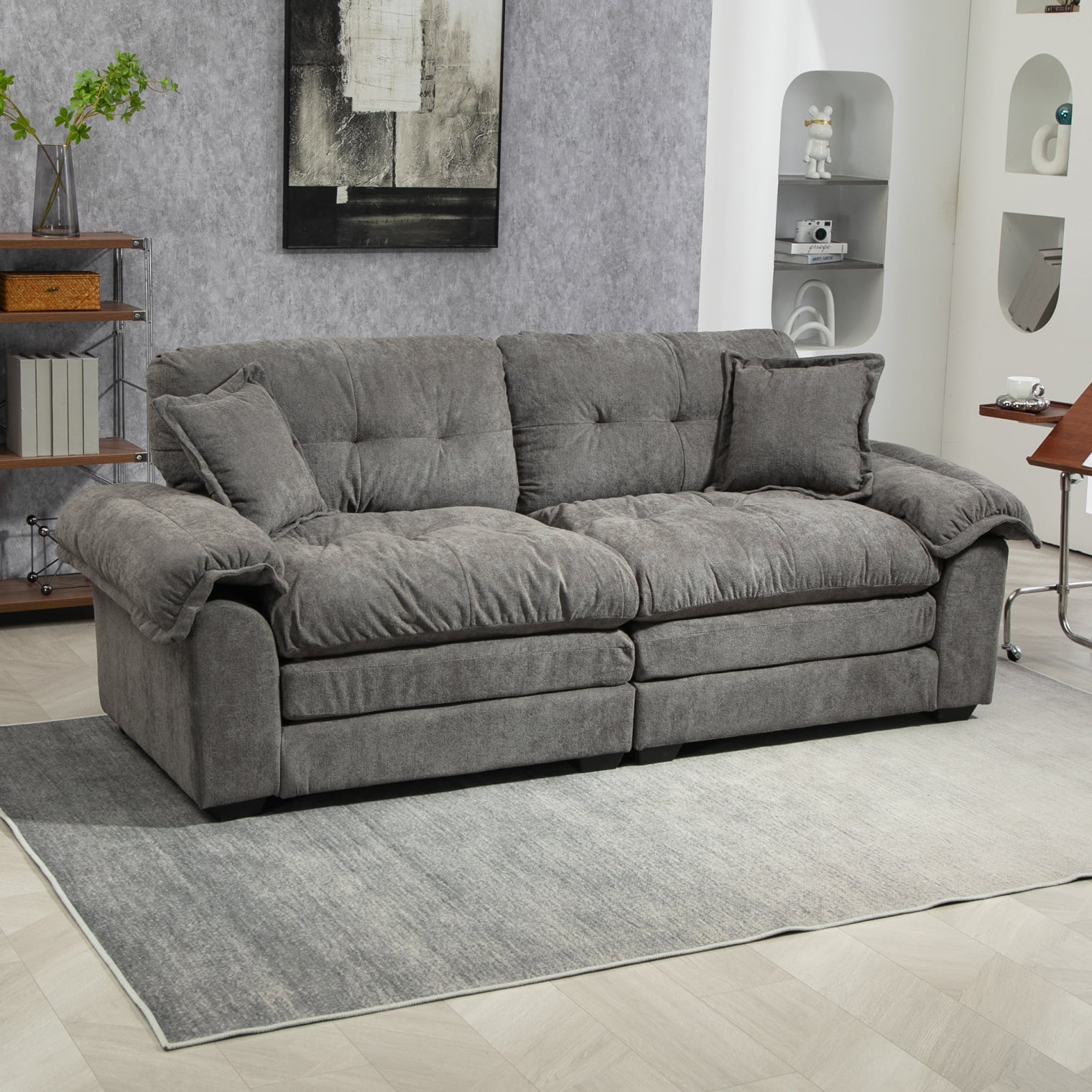 84" Chenille Loveseat Sofa, Dual-Layer Overstuffed Sofa with 2 Throw ...
