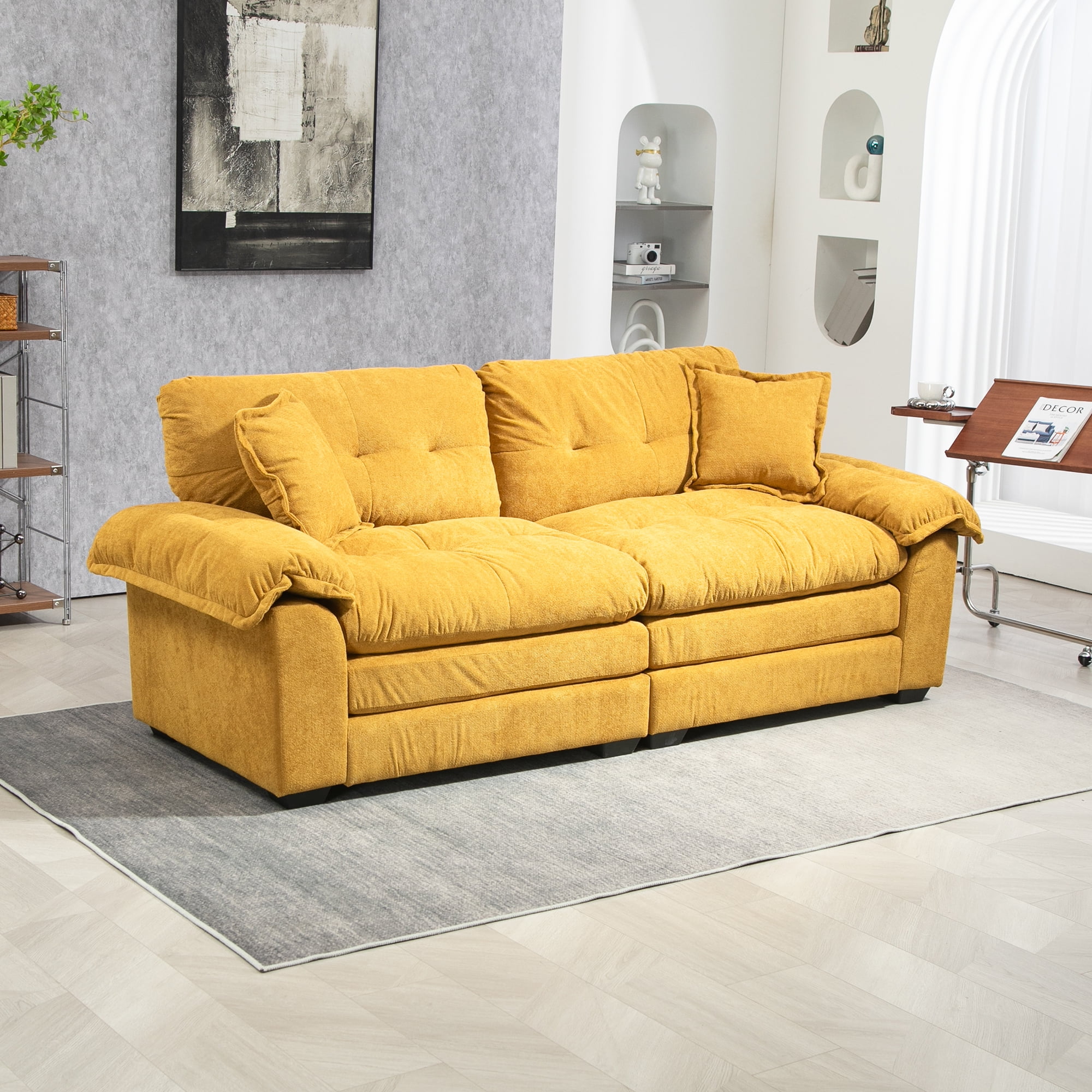 84" Chenille Sofa Small Sofa Loveseat Deep Seat Sofa Couch with 2 Throw ...