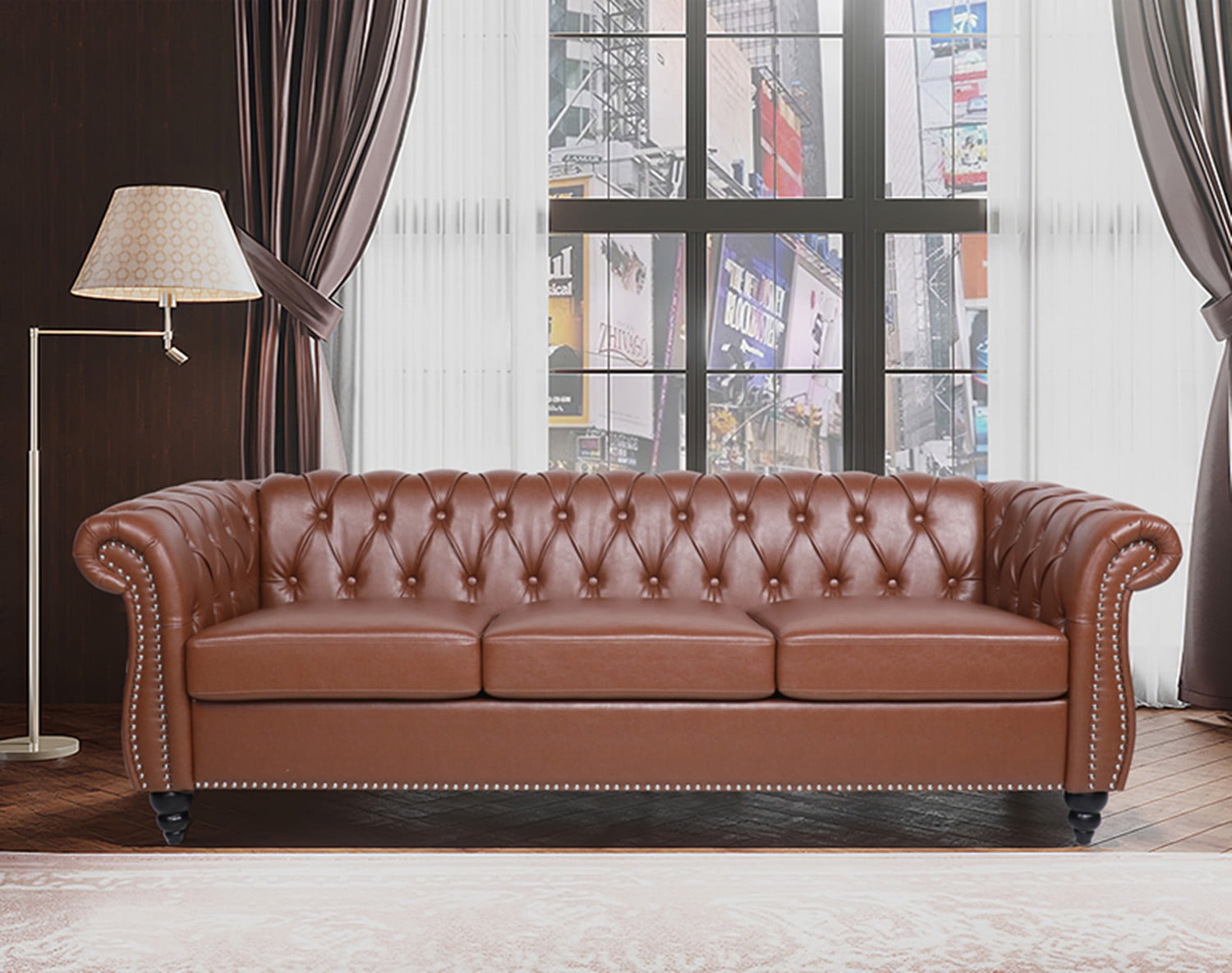 84" Chesterfield Sofa, Modern PU Leather Upholstered 3-Seater Sofa with ...
