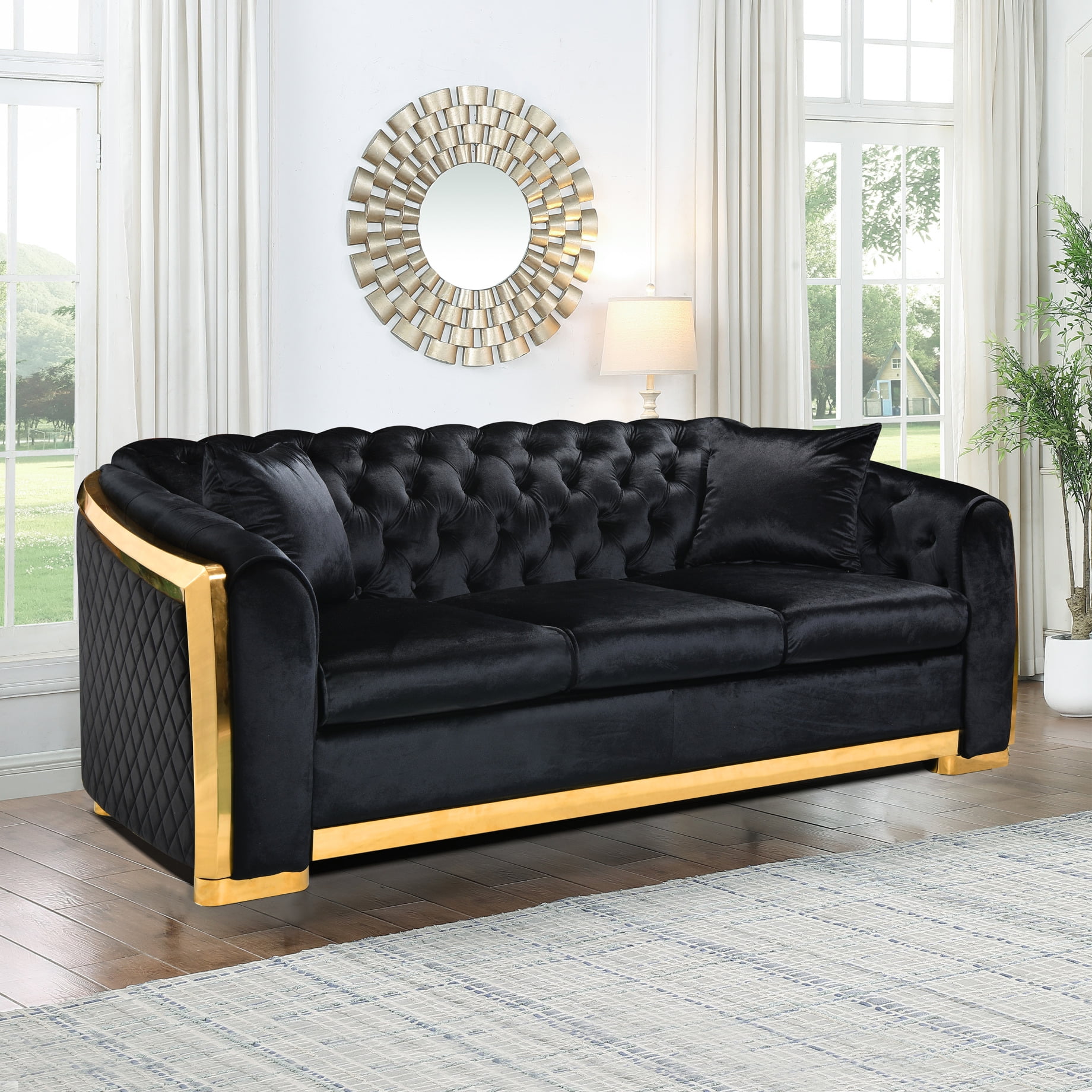 84" Chesterfield Velvet Sofa, Velvet Chesterfield Loveseat Sofa with Gold Legs, Modern Velvet ...