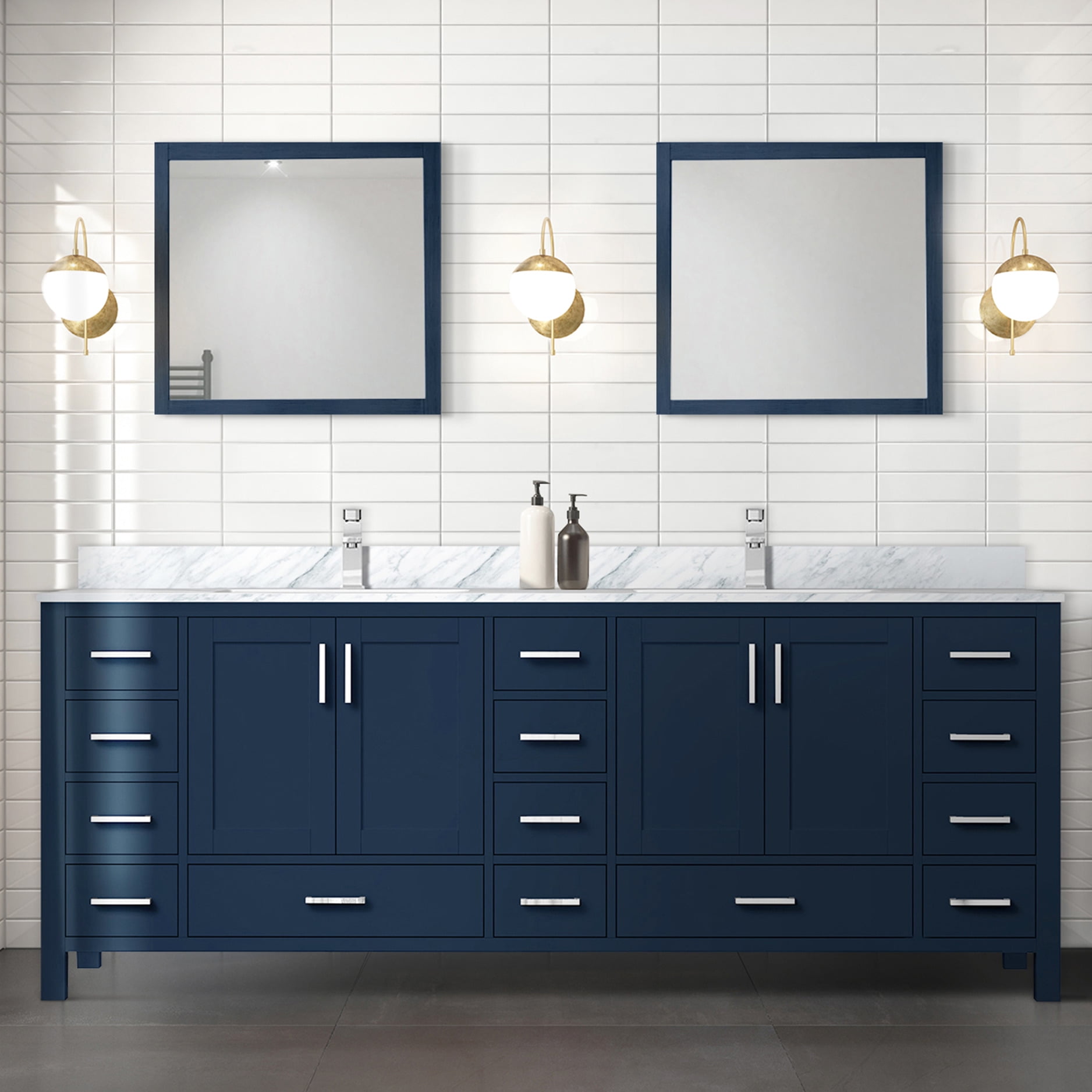 84 In. Navy Blue Bath Vanity With Marble Top And Faucet , 34in. Mirrors ...