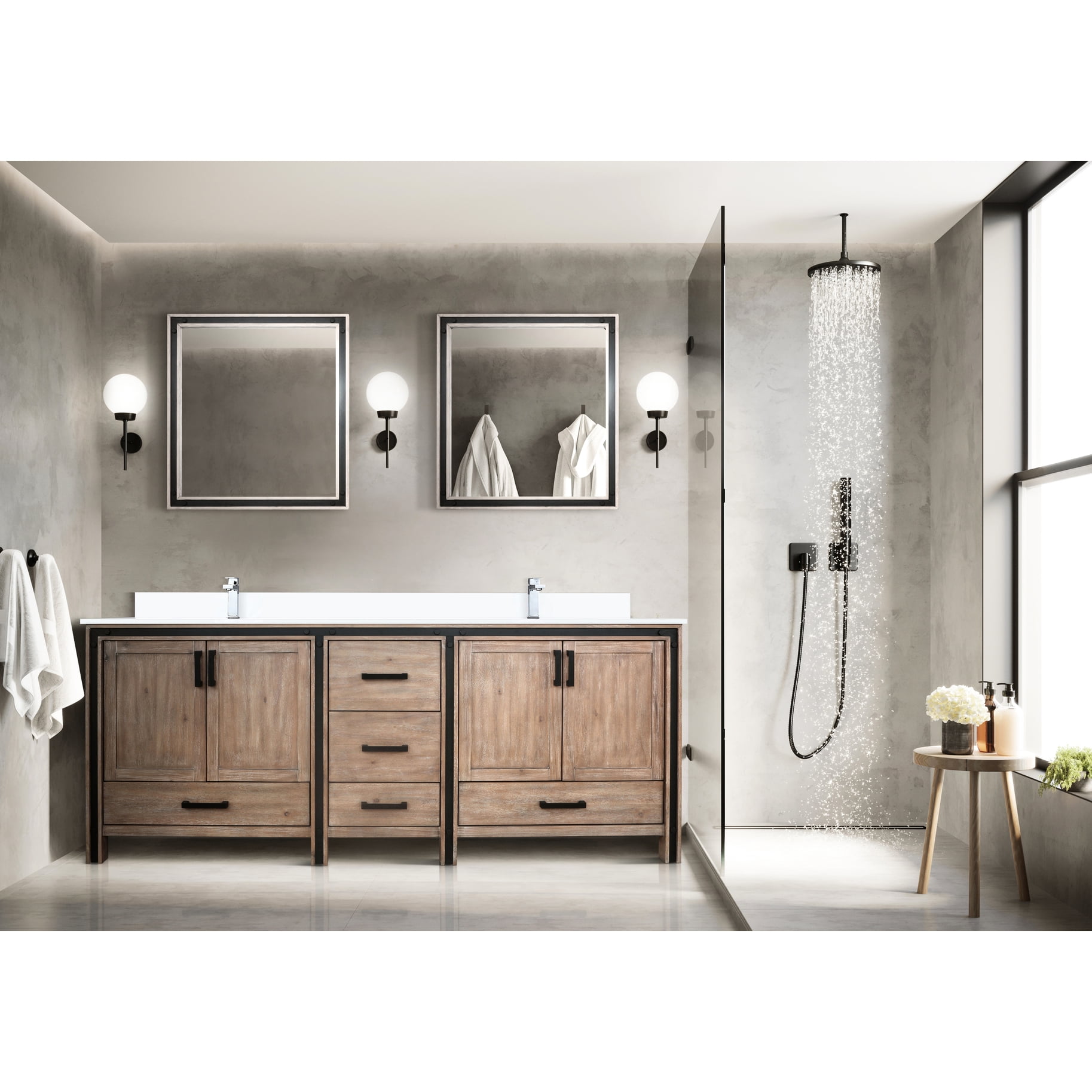 84 In. Rustic Double Bath Vanity White Quartz Top - Solid Wood Frame ...