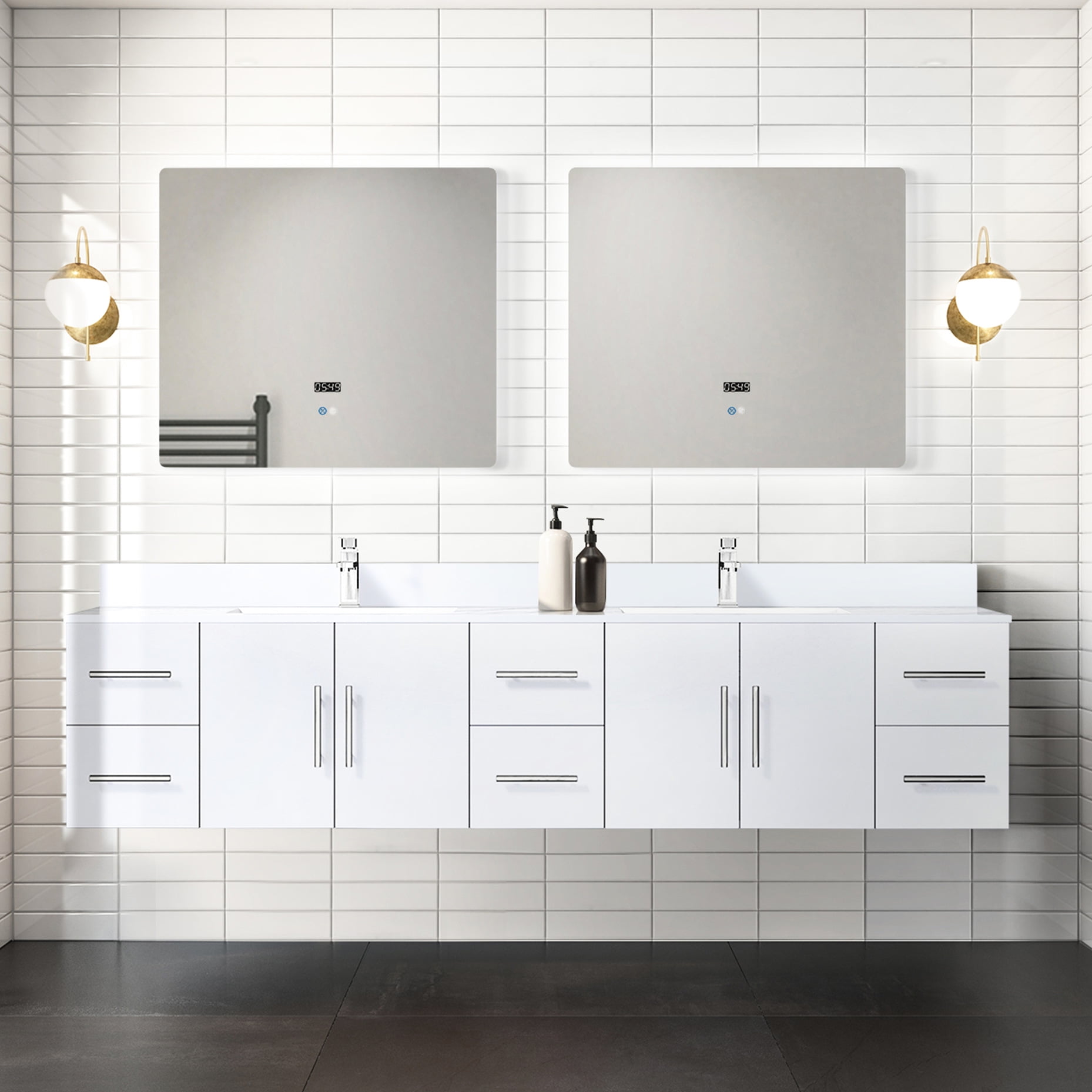 84 In. W Glossy White Bath Vanity - Marble Top And 36 Led Mirrors ...