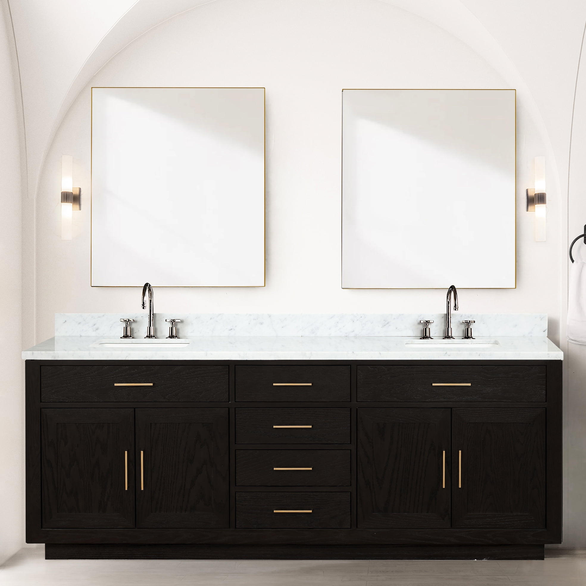 84 In. W X 22 D Brown Oak Bath Vanity With Marble Top And Faucet ...