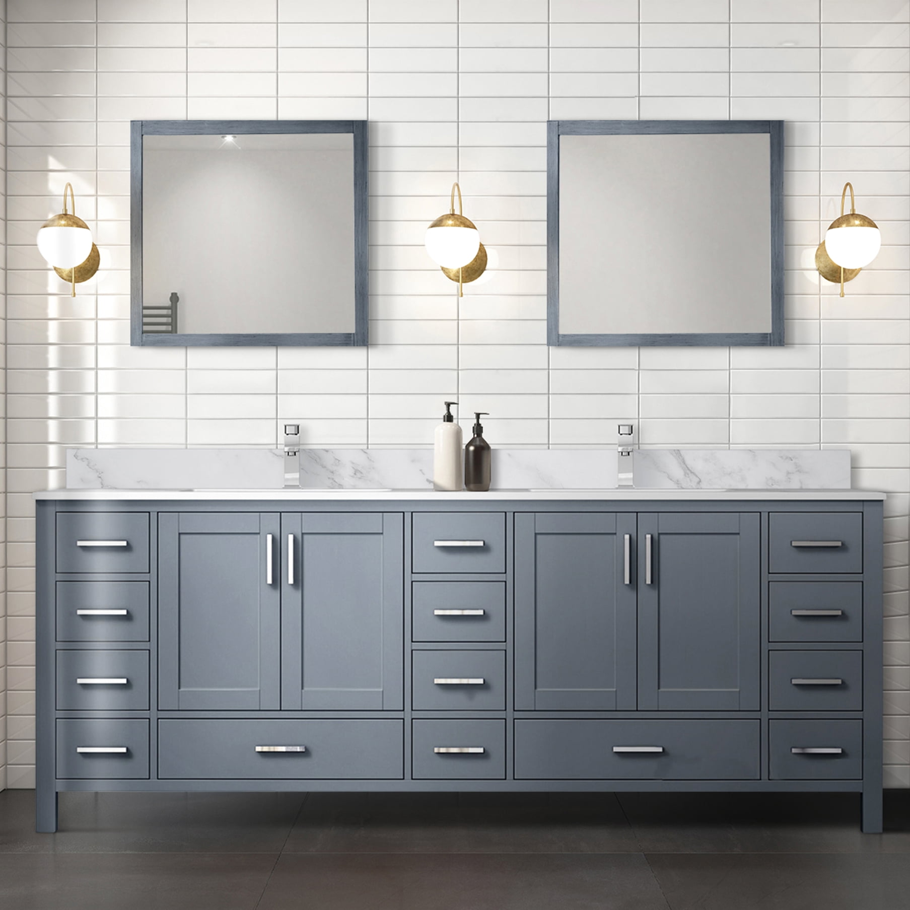 84 In. W X 22 D Dark Grey Vanity - Marble Countertop & 34 Mirrors Ample ...