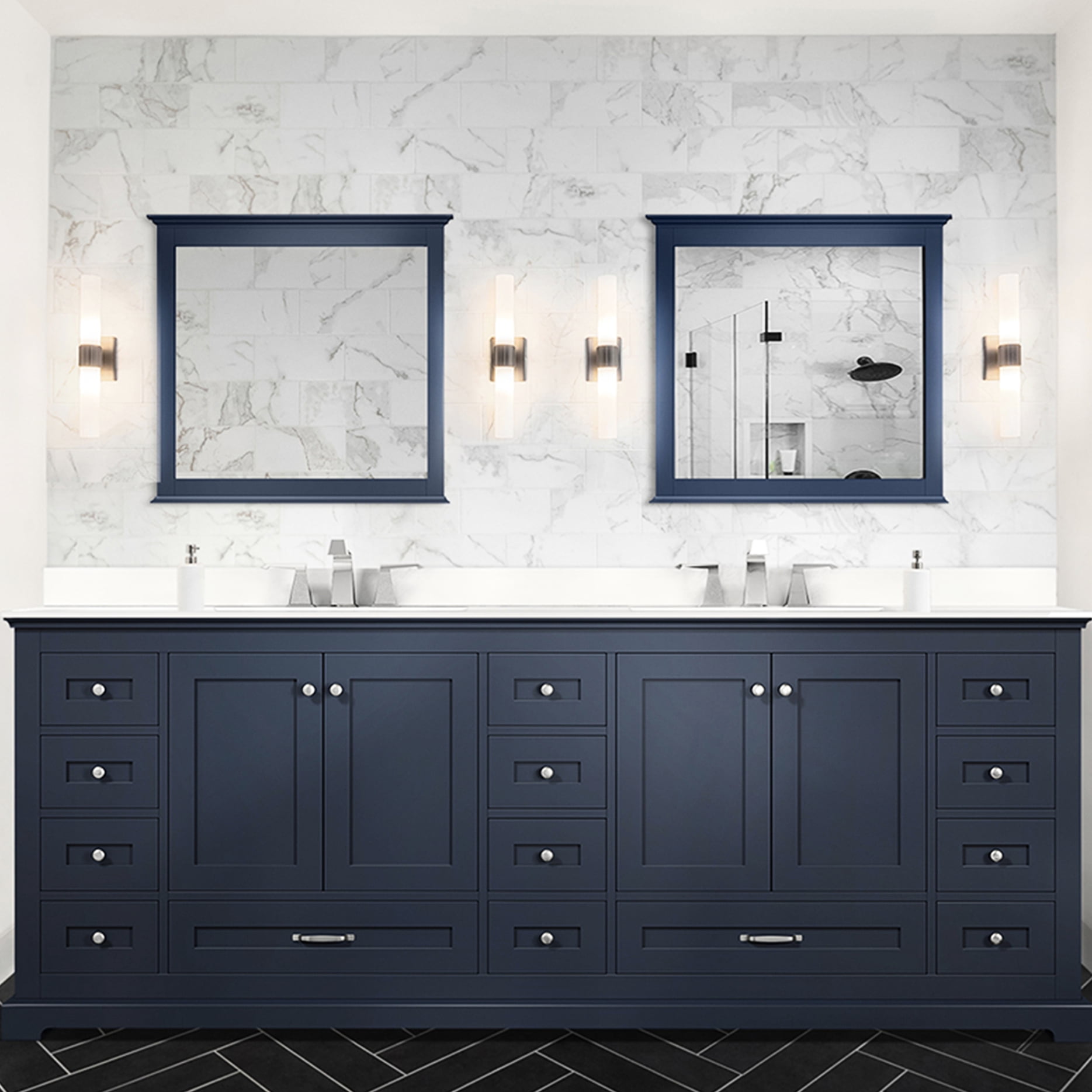 84 In. Wide X 22 Deep Navy Blue Double Bath Vanity With Marble Top, Faucet, 34 Mirrors - Scratch ...