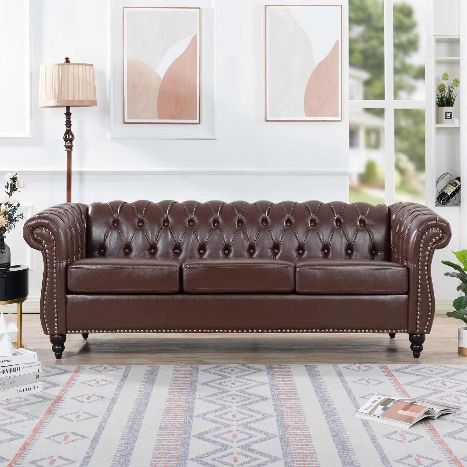 84 Inch 3-Seater Sofa, PU Upholstered Living Room Sofa with Button ...