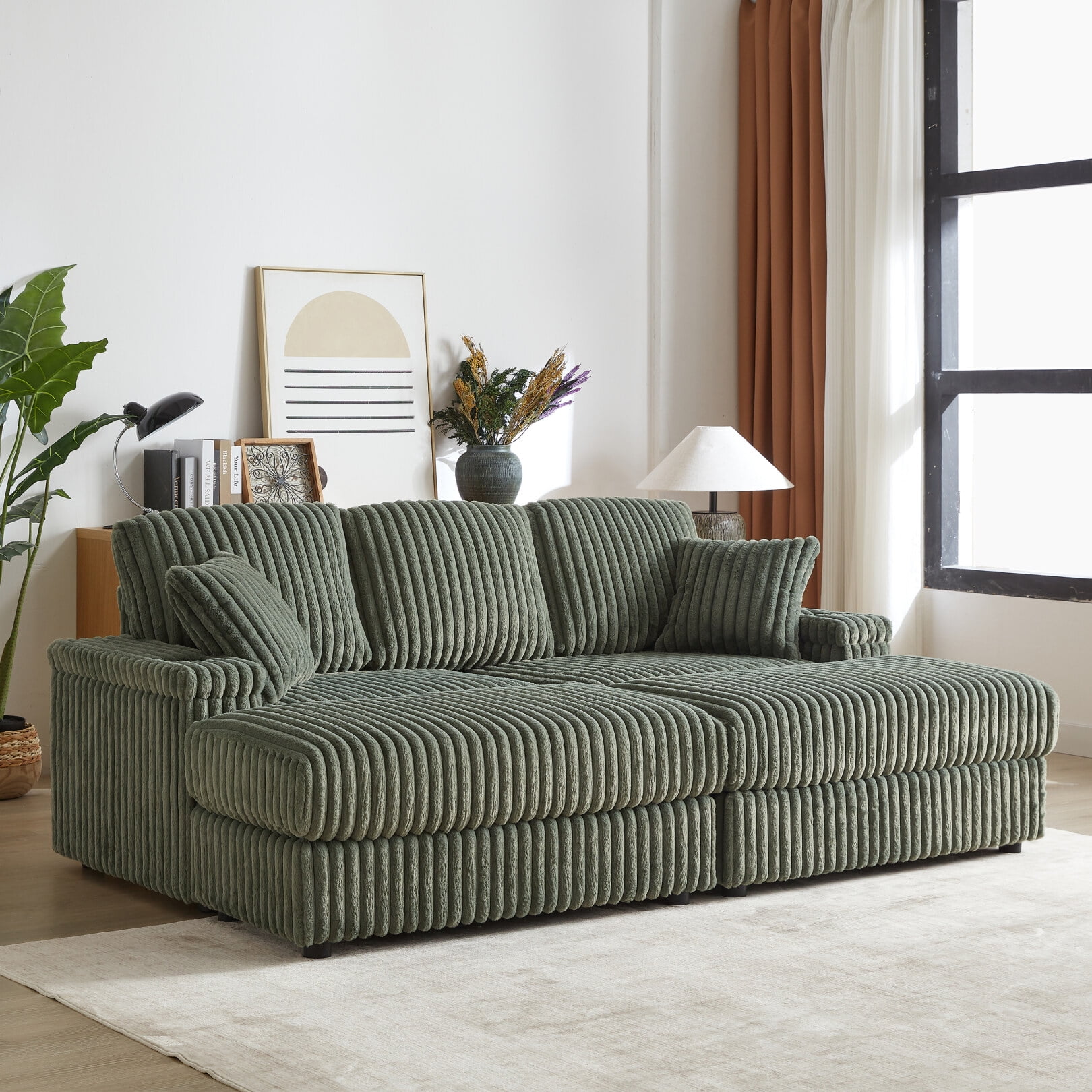 84 Inch Corduroy 3-Seater Sofa, Modern Sofa Couch with Ottoman, Comfy ...