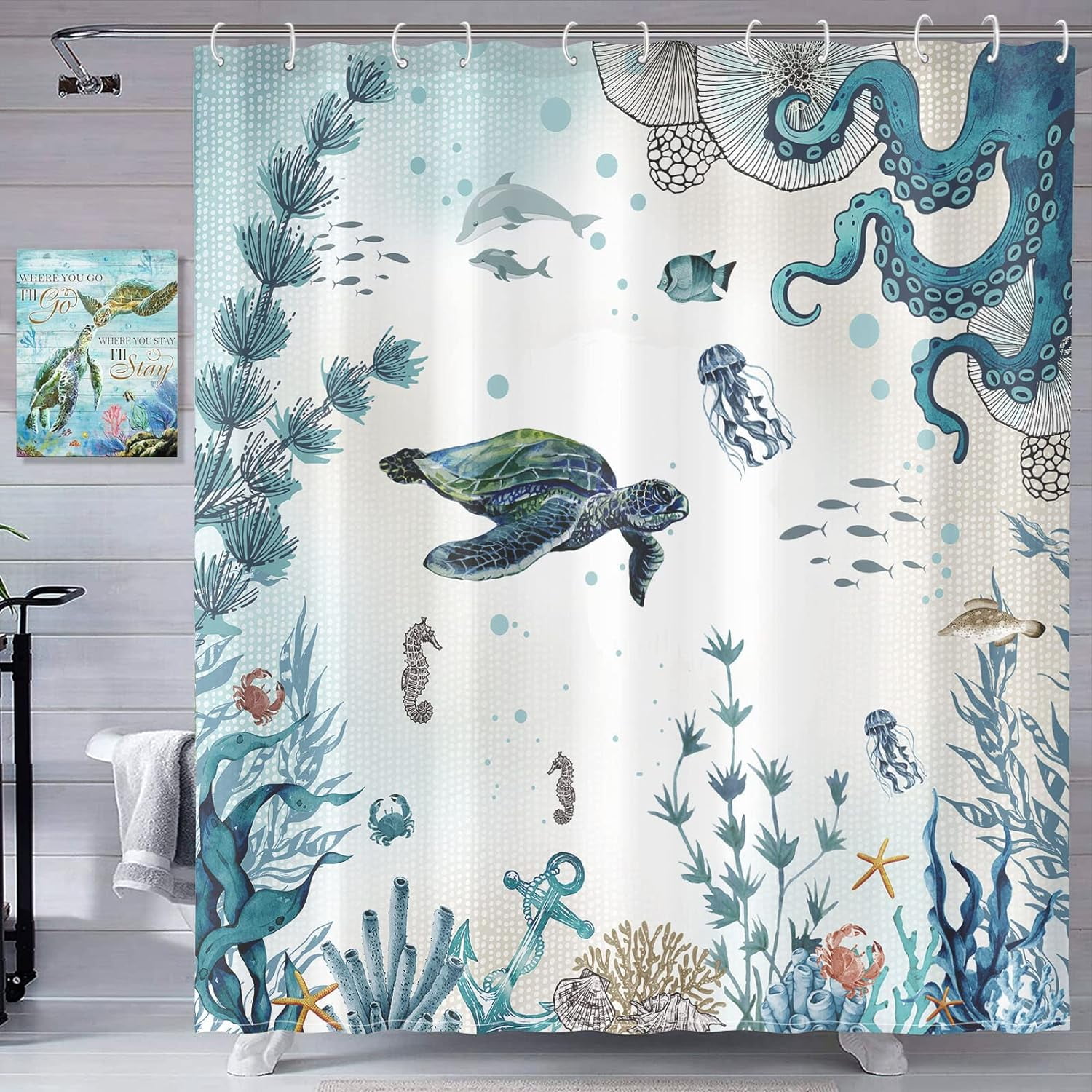 84 Inch Extra Long Sea Turtle Octopus Shower Curtain Blue Teal ...