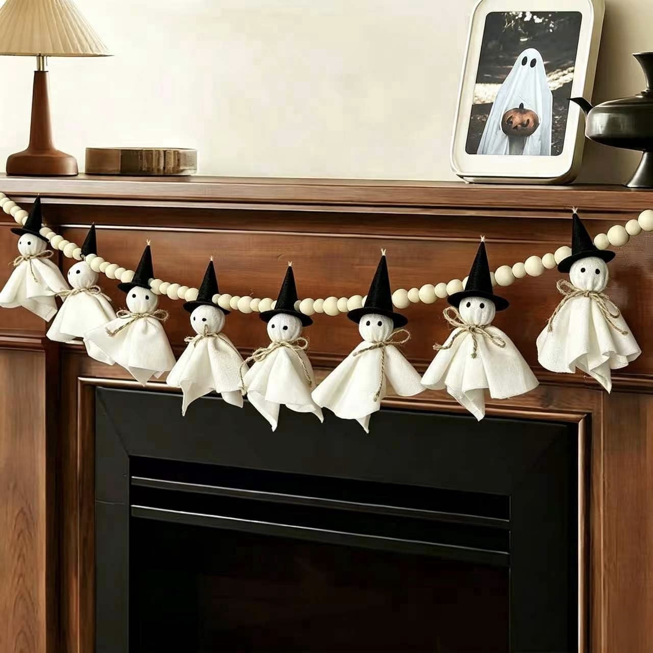 84 Inch Halloween Ghost Banner with Witch Hat, Rustic Wooden Bead Ghost ...